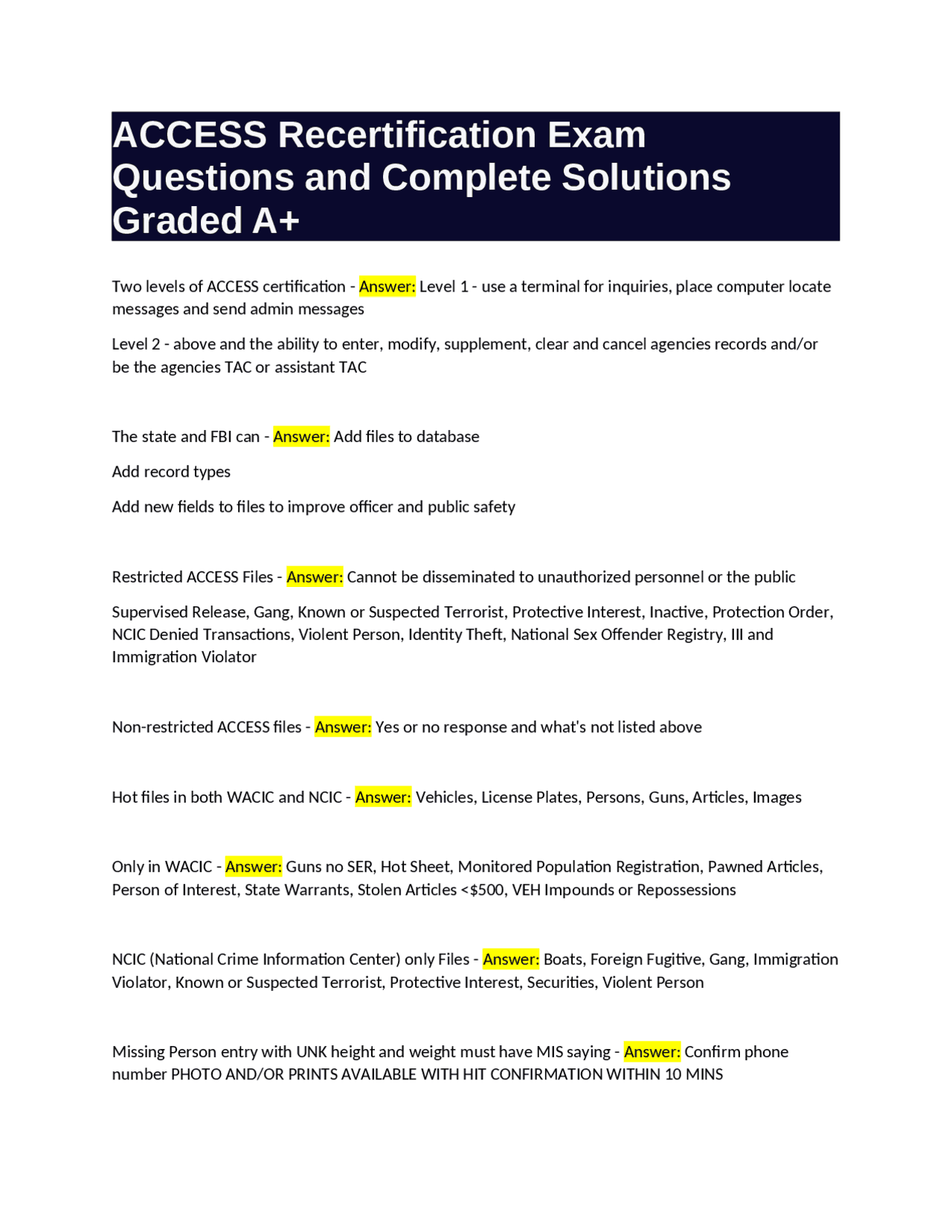 ACCESS Recertification Exam Questions and Complete Solutions Graded A+ ...