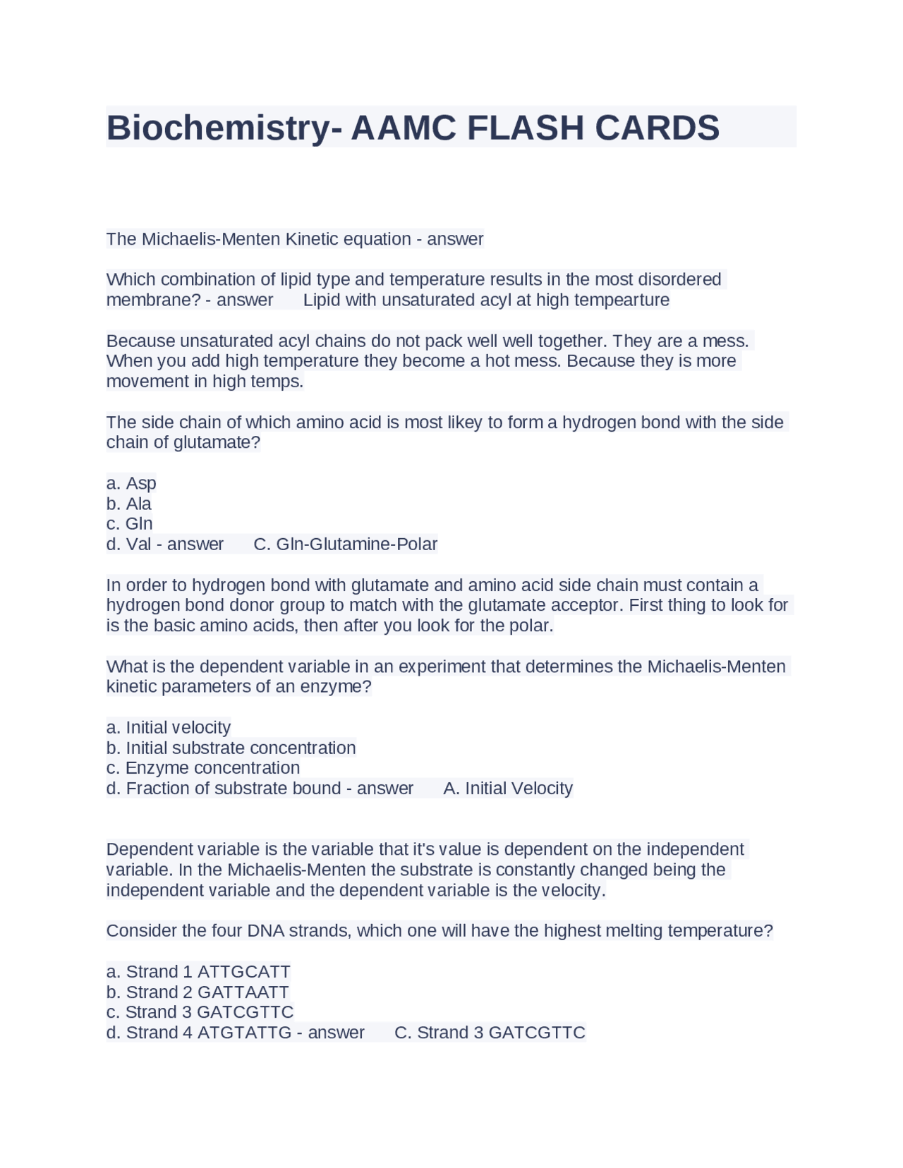 Biochemistry- AAMC FLASH CARDS QUESTIONS AND ANSWERS | Exams Advanced ...