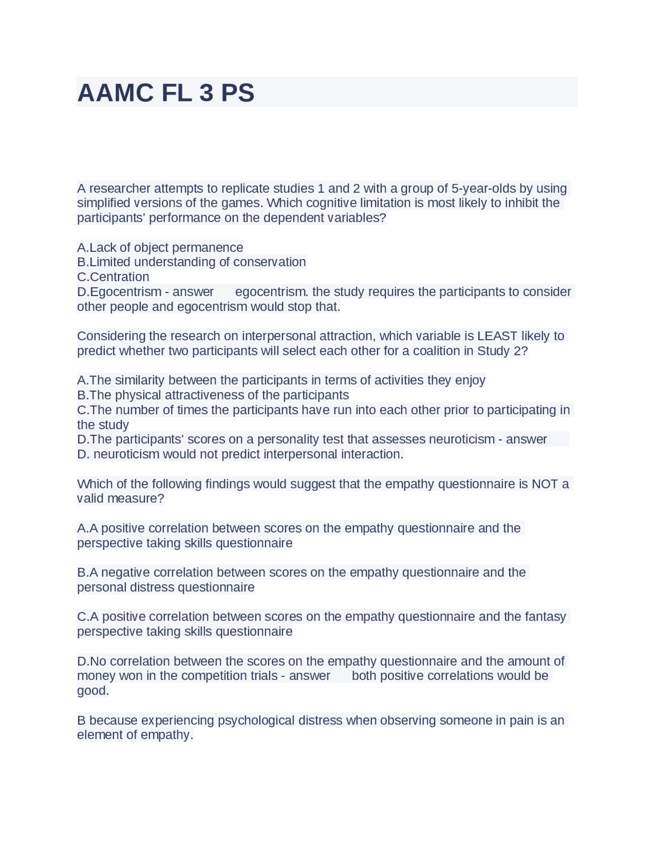 AAMC FL 3 PS QUESTIONS AND ANSWERS 100% SOLVED | Exams Advanced ...