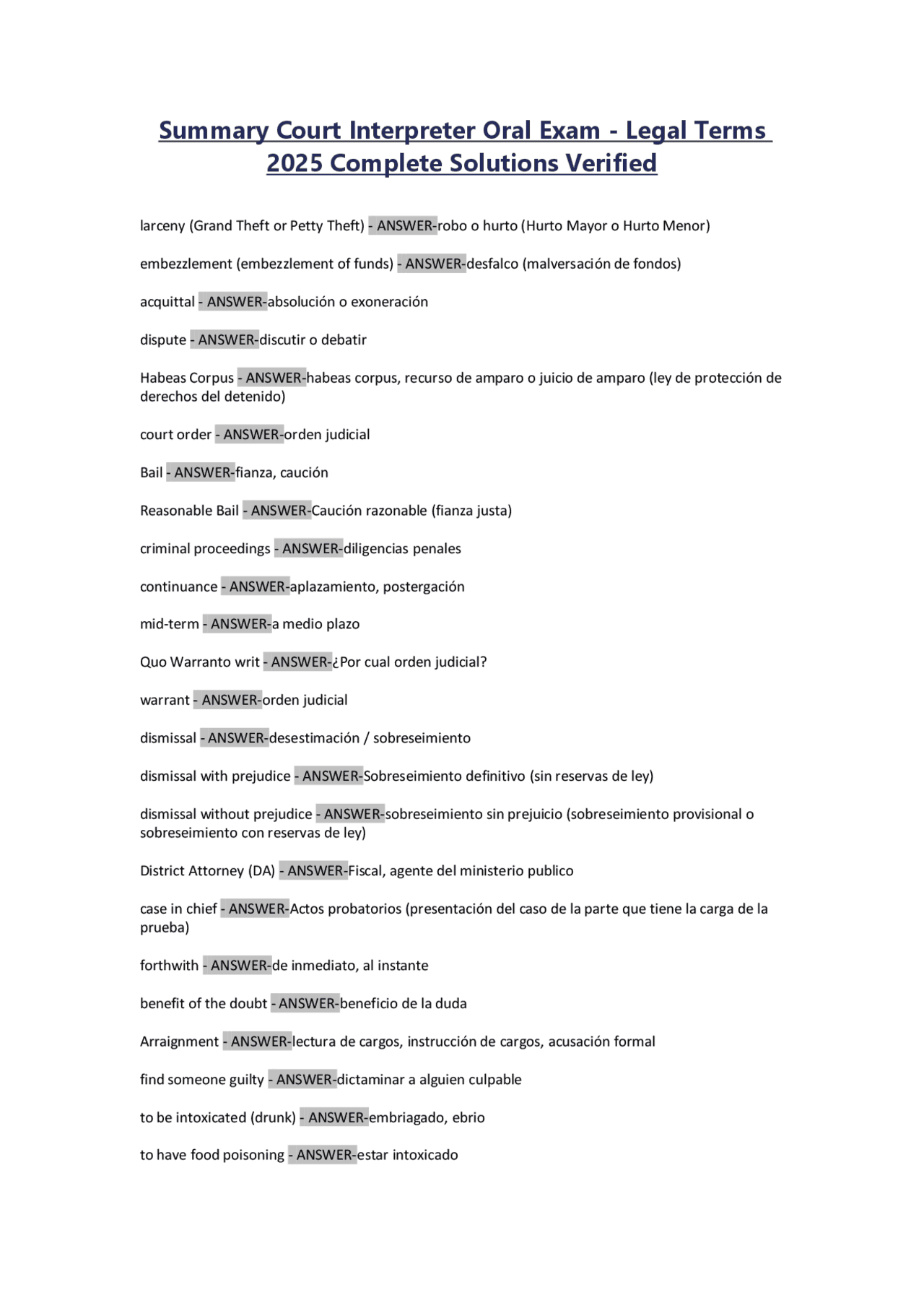 Summary Court Interpreter Oral Exam- Legal Terms 2025 Complete ...