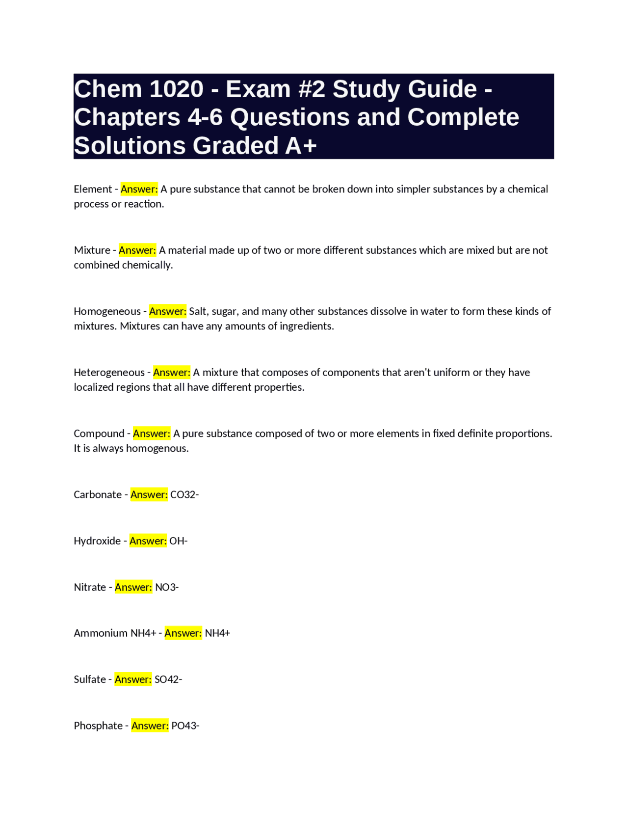 Chem 1020 - Exam #2 Study Guide - Chapters 4-6 Questions and Complete ...