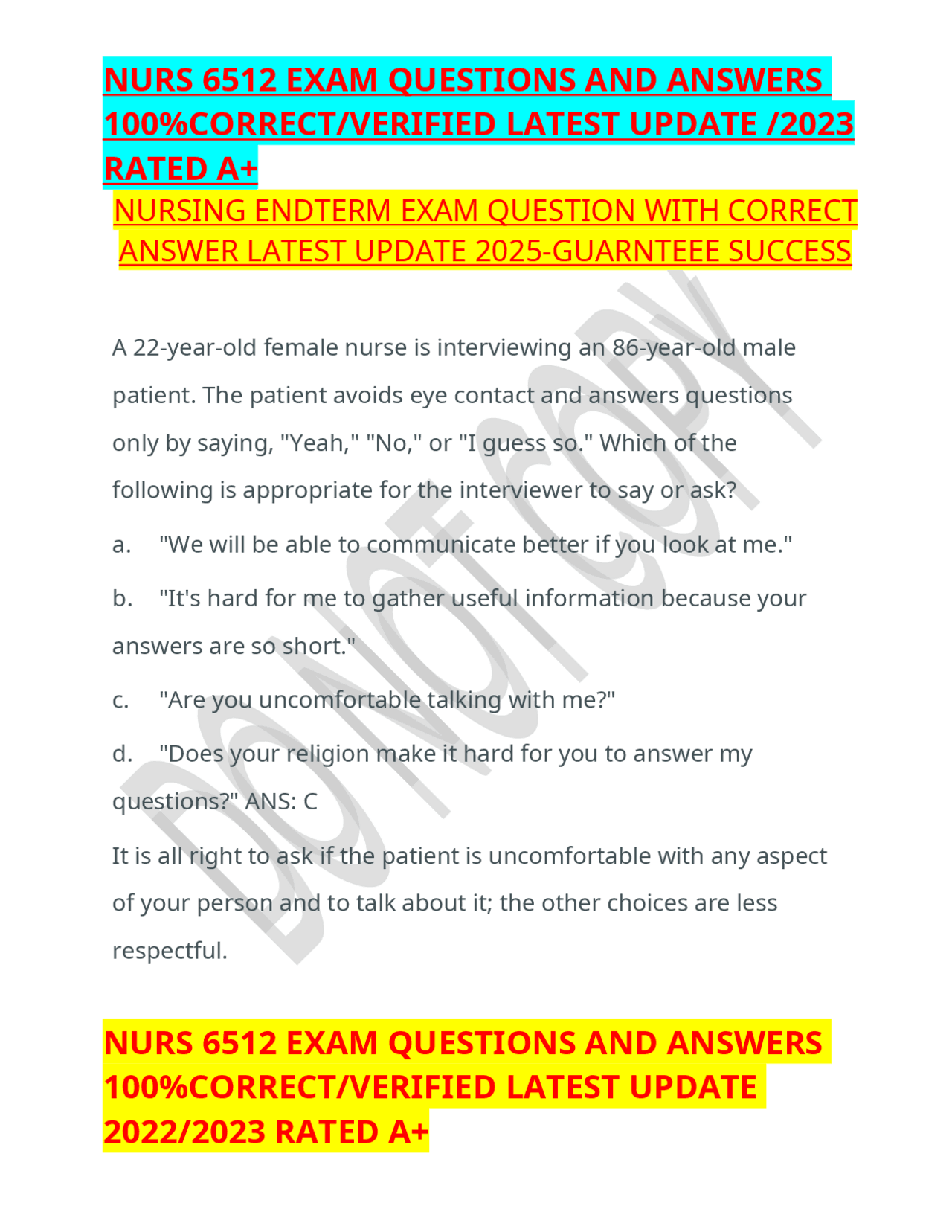 NURSING ENDTERM EXAM QUESTION WITH CORRECT ANSWER LATEST UPDATE 2025 ...