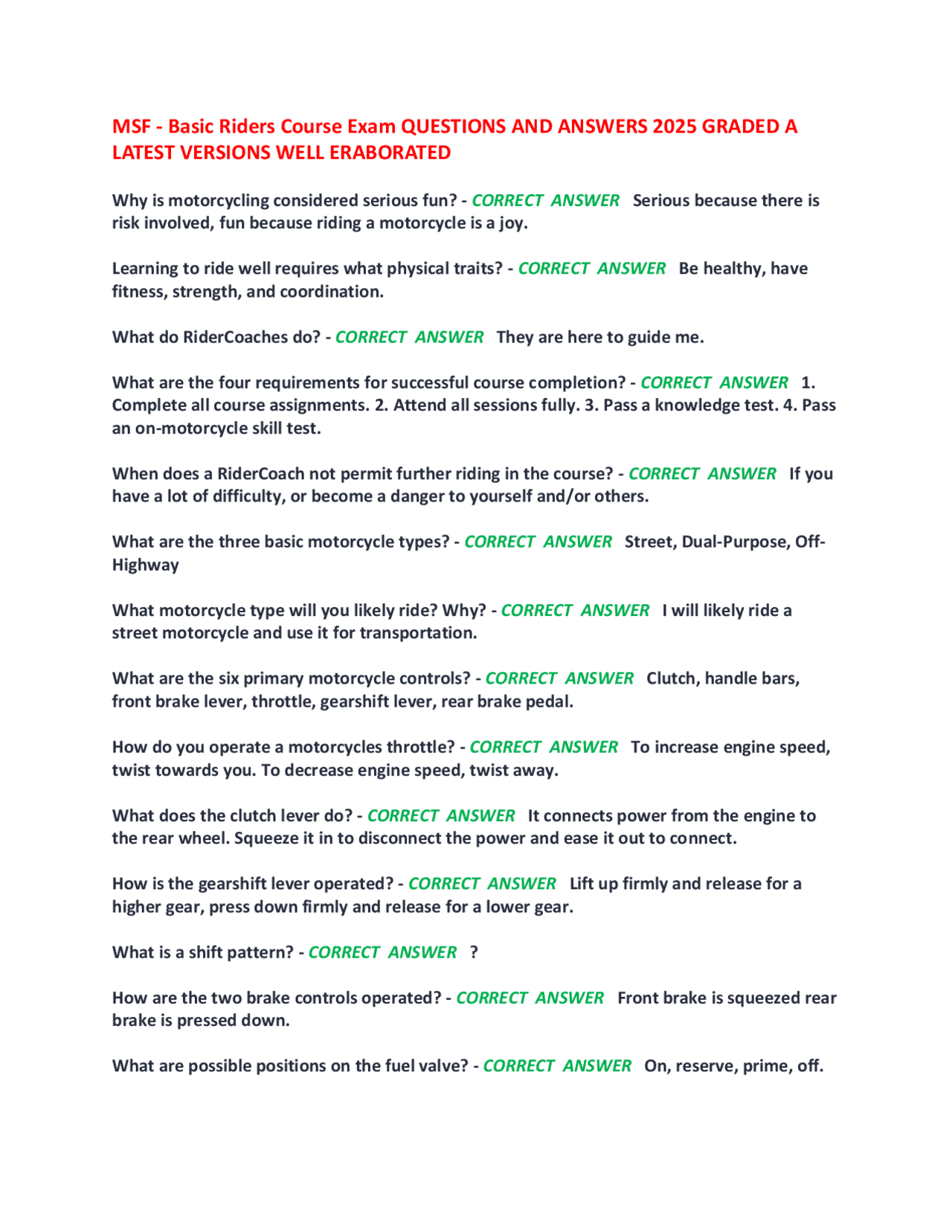 MSF - Basic Riders Course Exam QUESTIONS AND ANSWERS 2025 GRADED A ...