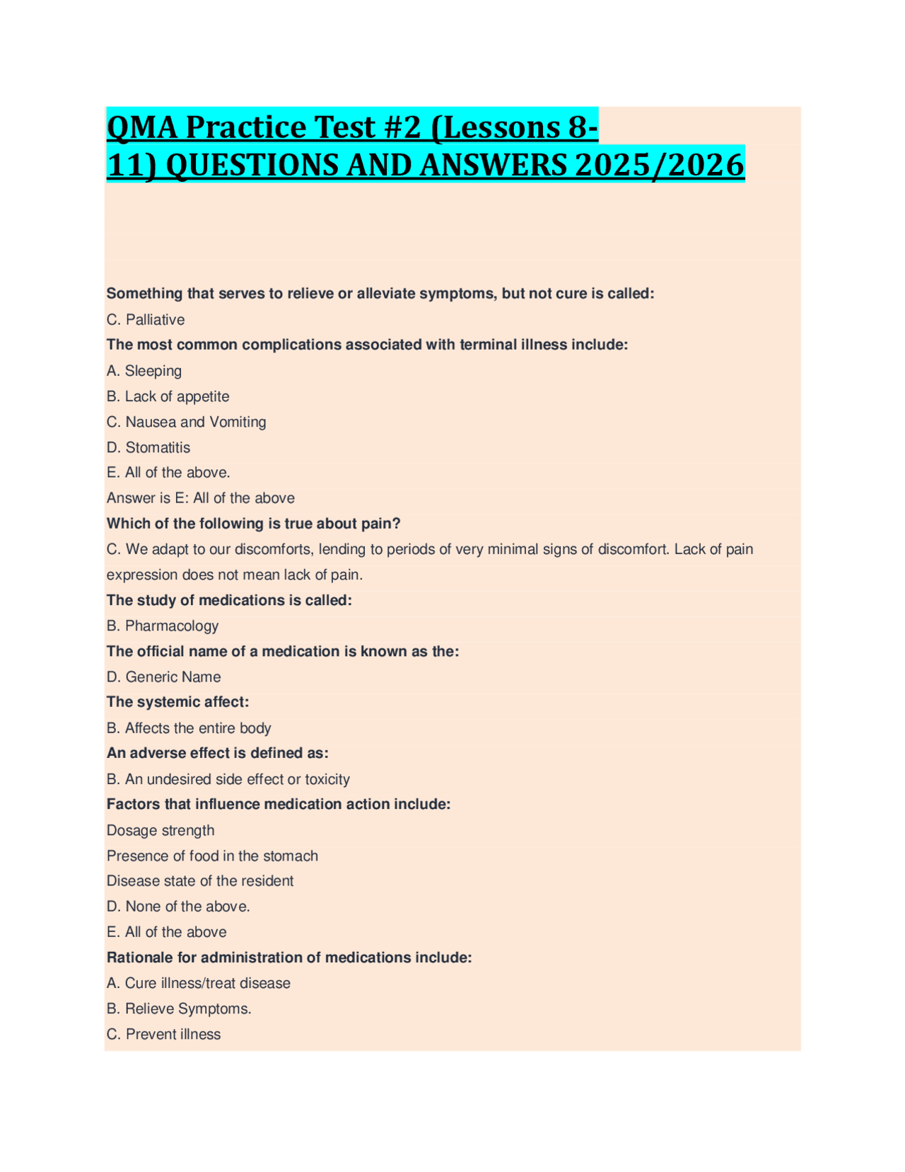 QMA Practice Test #2 (Lessons 8-11) QUESTIONS AND ANSWERS 2025/2026 ...