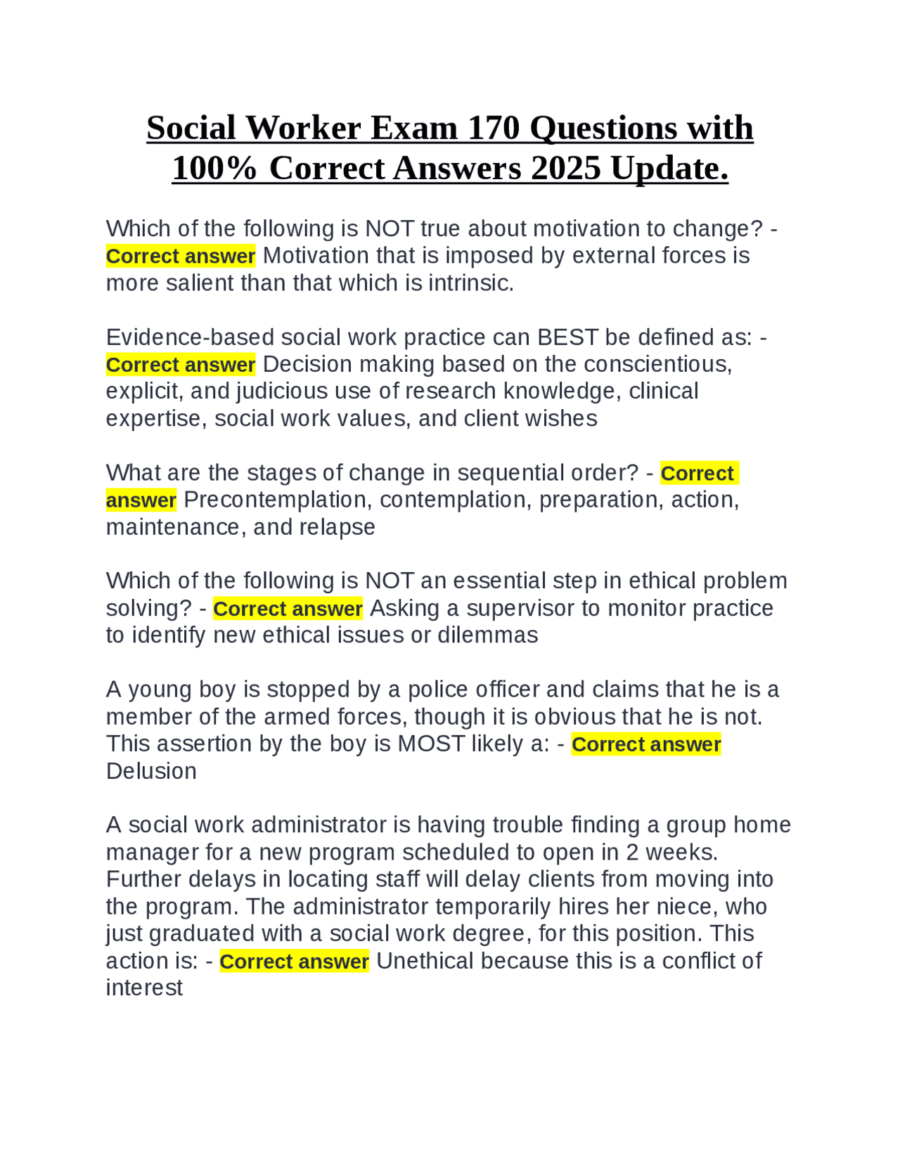 Social Worker Exam 170 Questions with 100% Correct Answers 2025 Update ...