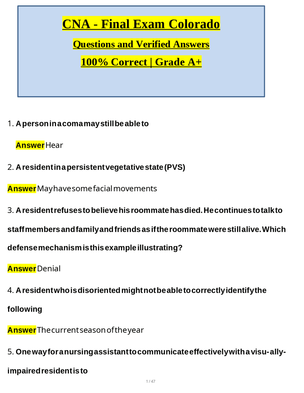 CNA - Final Exam Colorado (Latest 2025 / 2026 Update) Questions and ...
