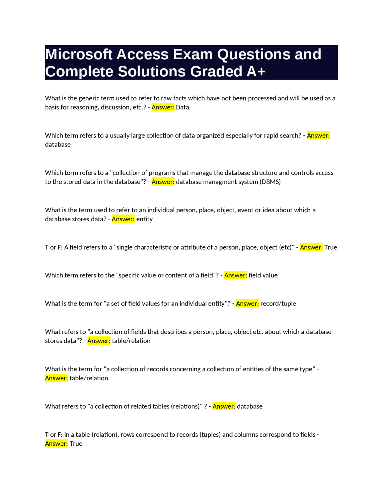 Microsoft Access Exam Questions and Complete Solutions Graded A+ ...