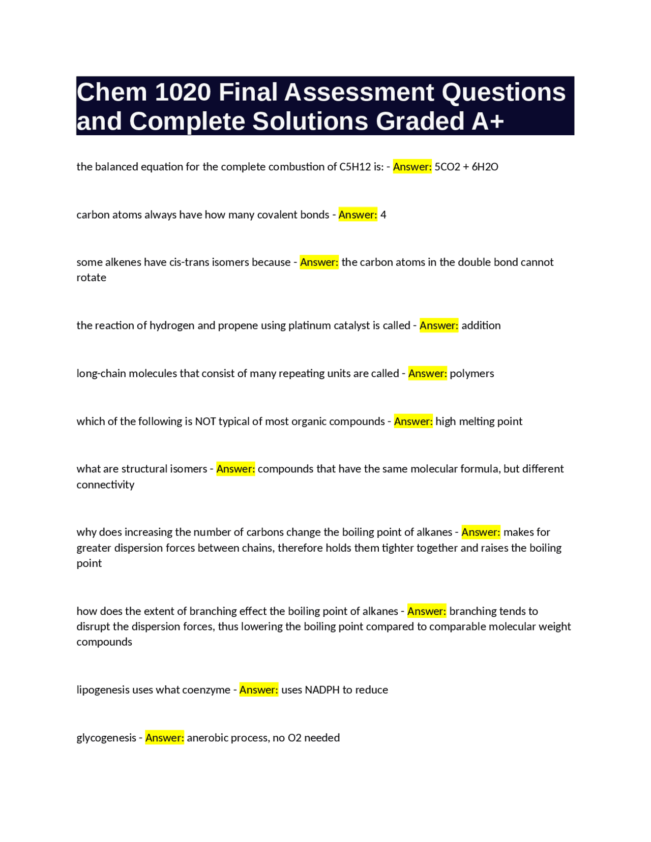 Chem 1020 Final Assessment Questions and Complete Solutions Graded A+ ...