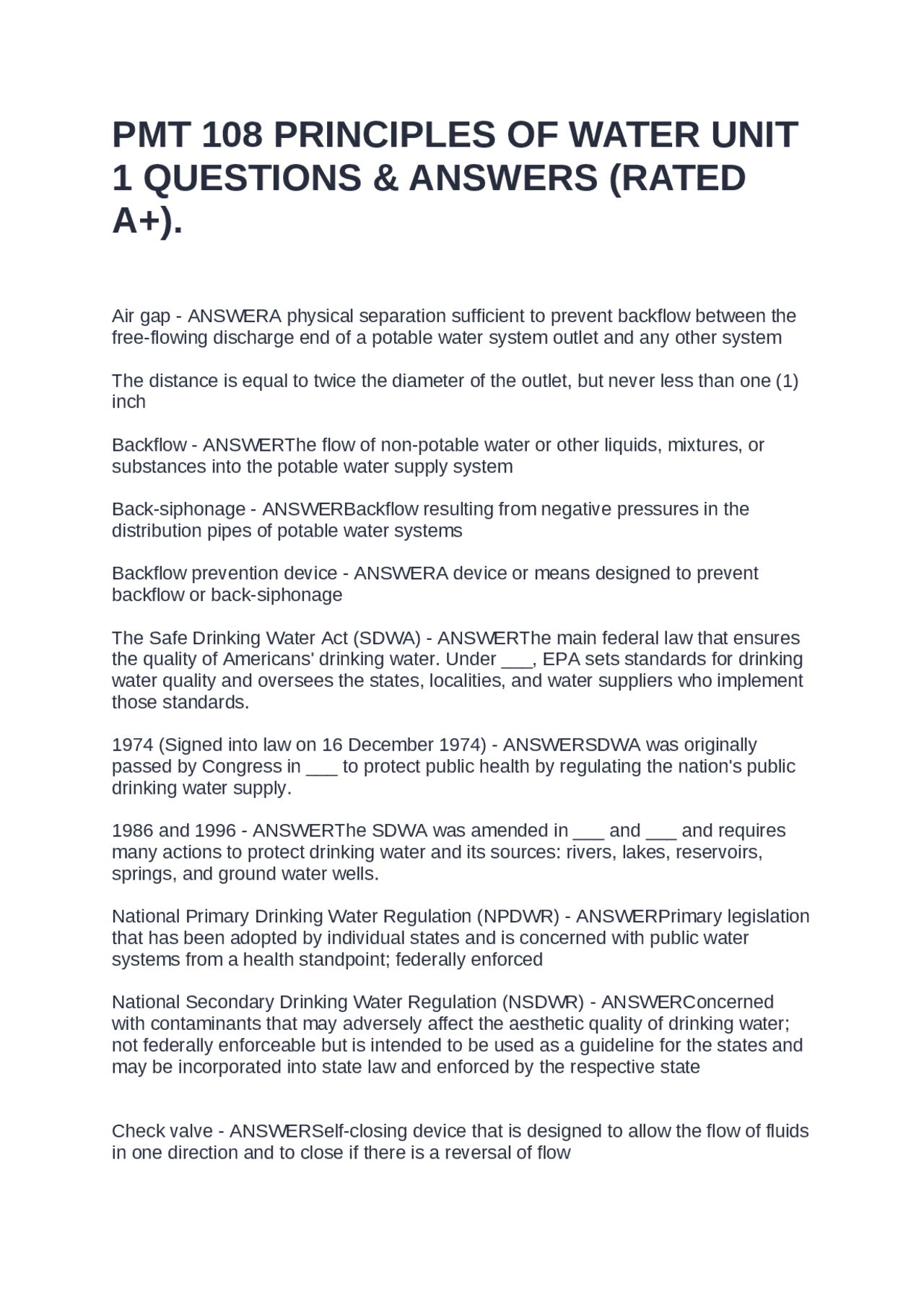 PMT 108 PRINCIPLES OF WATER UNIT 1 QUESTIONS & ANSWERS (RATED A+ ...