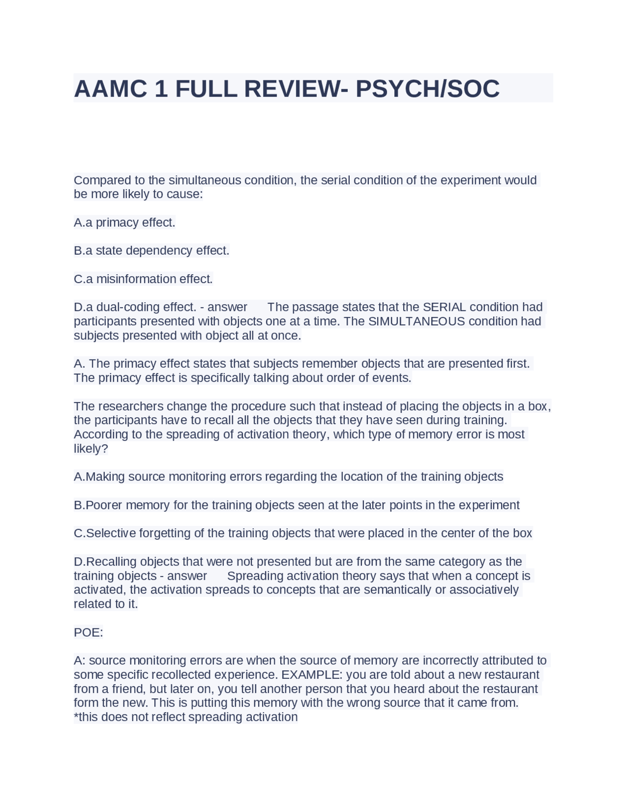 AAMC 1 FULL REVIEW- PSYCH,SOC QUESTIONS WITH CORRECT ANSWERS | Exams ...