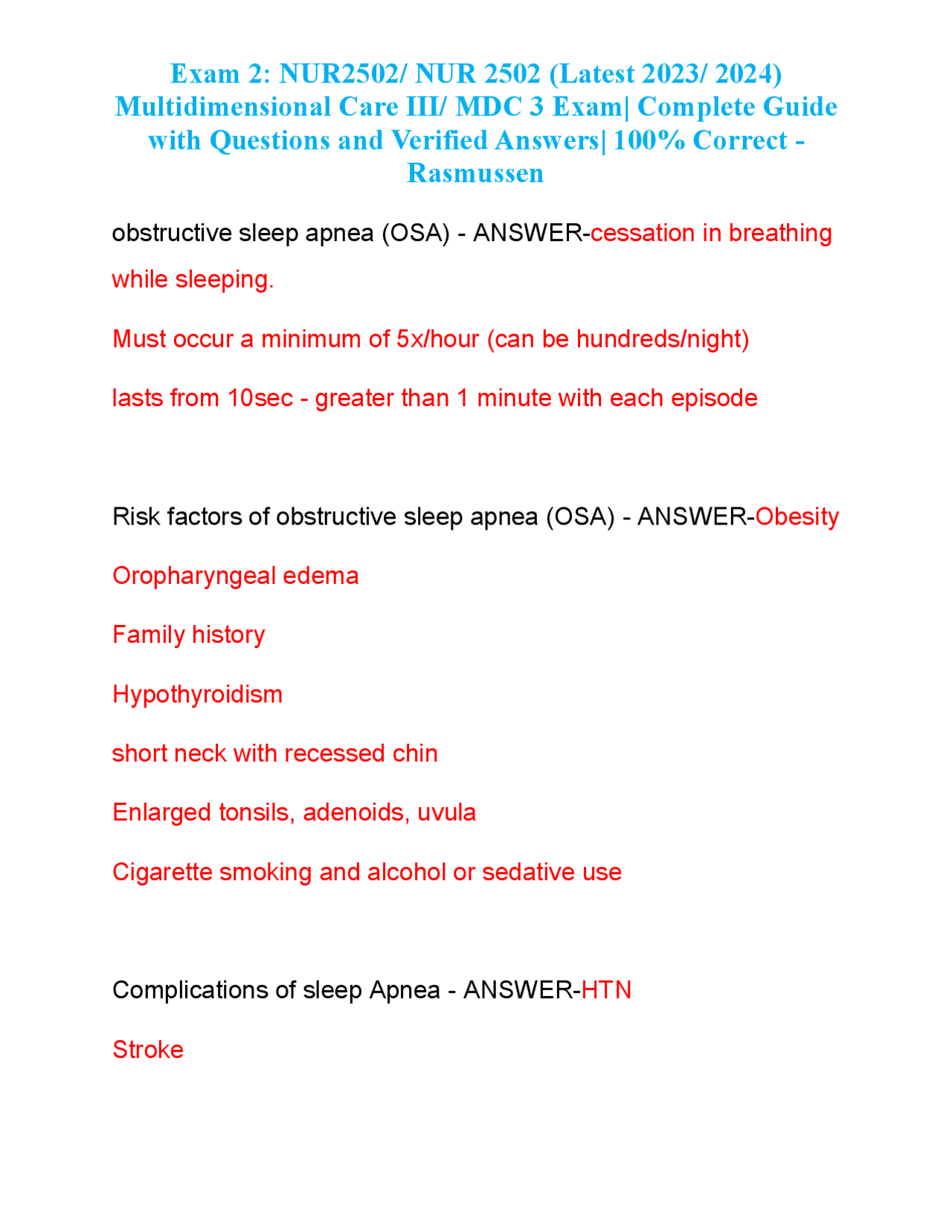Exam 2: NUR2502/ NUR 2502 (Latest 2023/ 2024) Multidimensional Care III ...