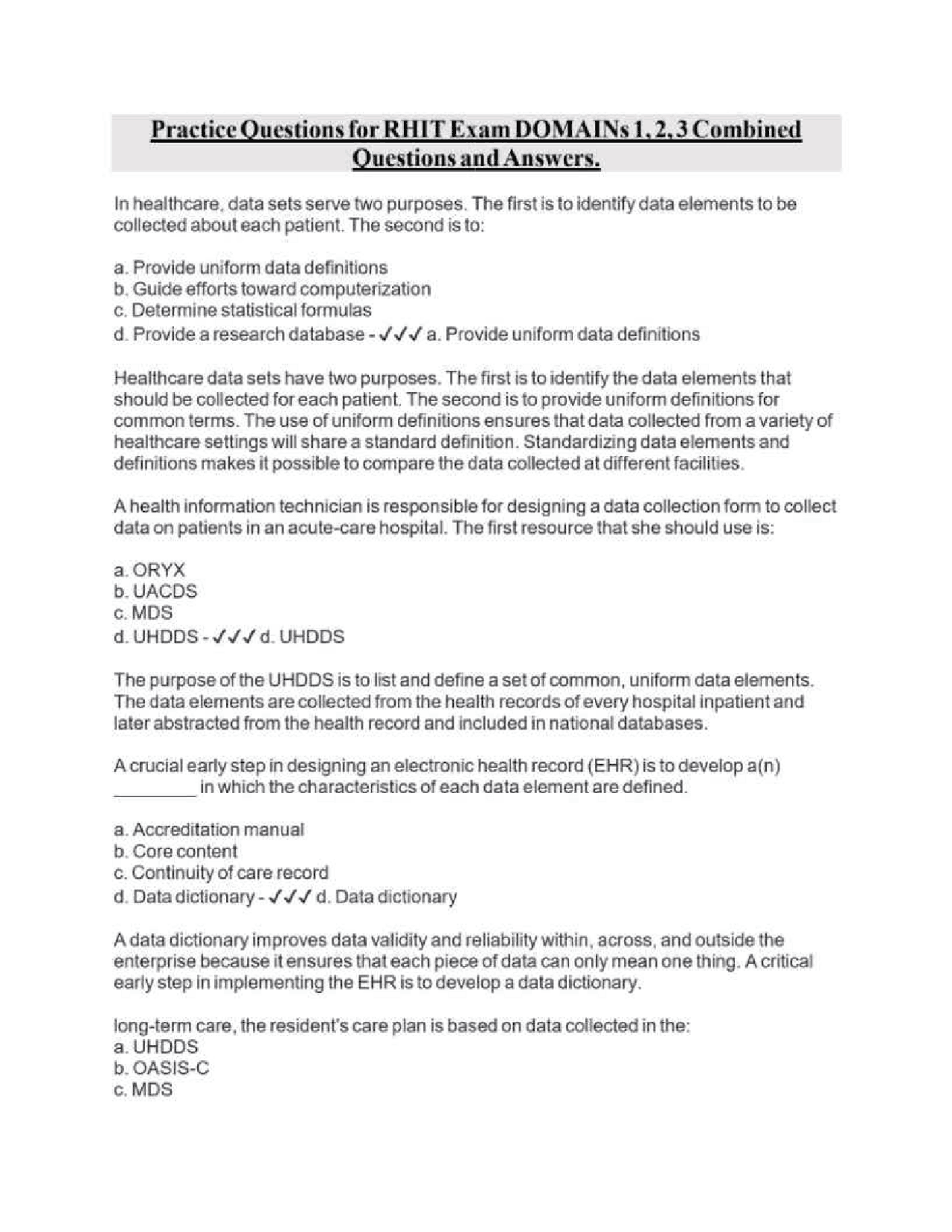 Practice Questions for RHIT Exam DOMAINs 1, 2, 3 Combined Questions and ...
