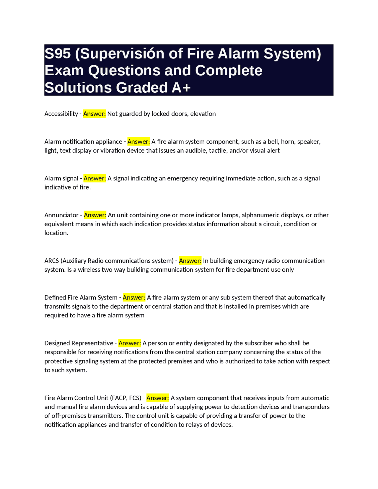 S95 (Supervisión of Fire Alarm System) Exam Questions and Complete ...