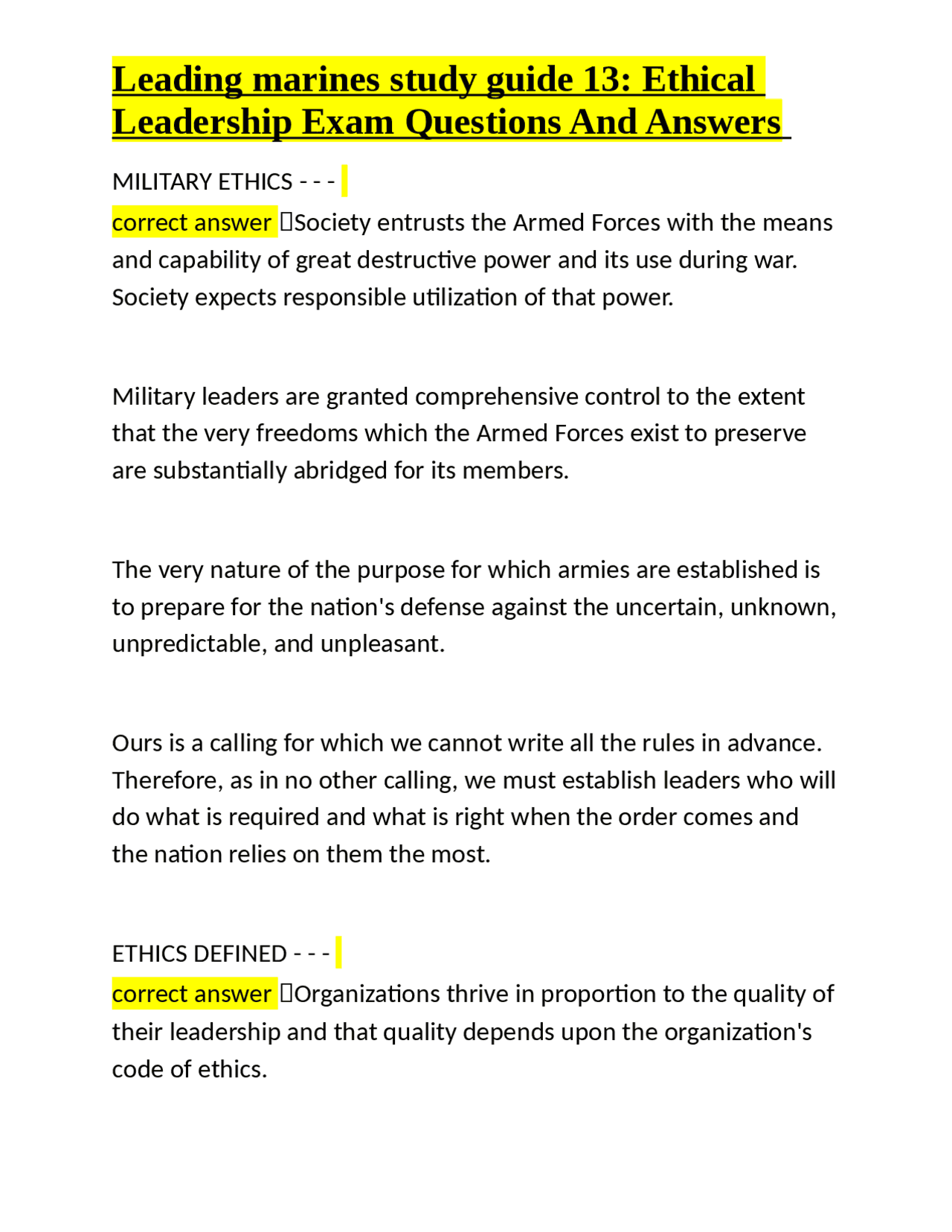 Leading marines study guide 13: Ethical Leadership Exam Questions And ...