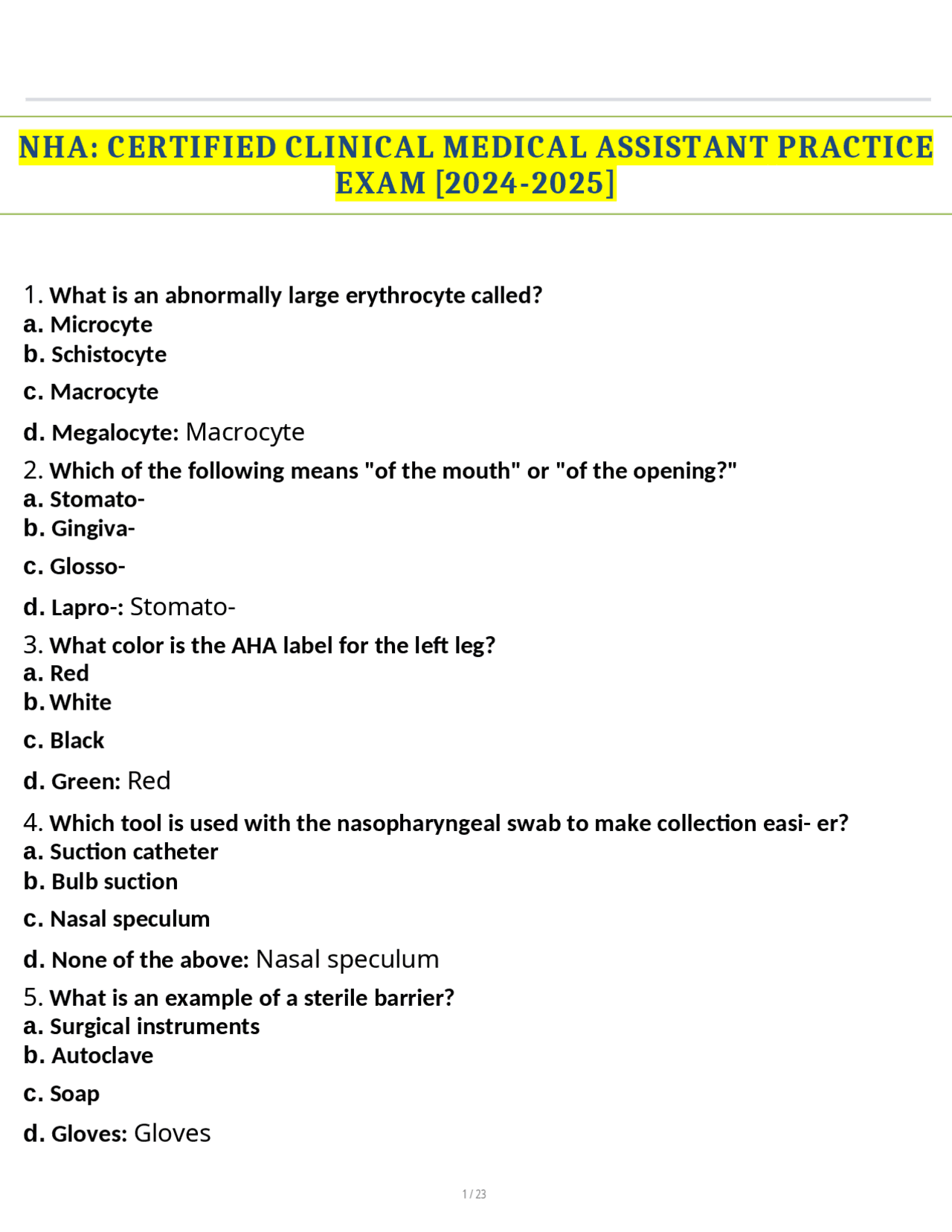 NHA: CERTIFIED CLINICAL MEDICAL ASSISTANT PRACTICE EXAM [2024-2025 ...