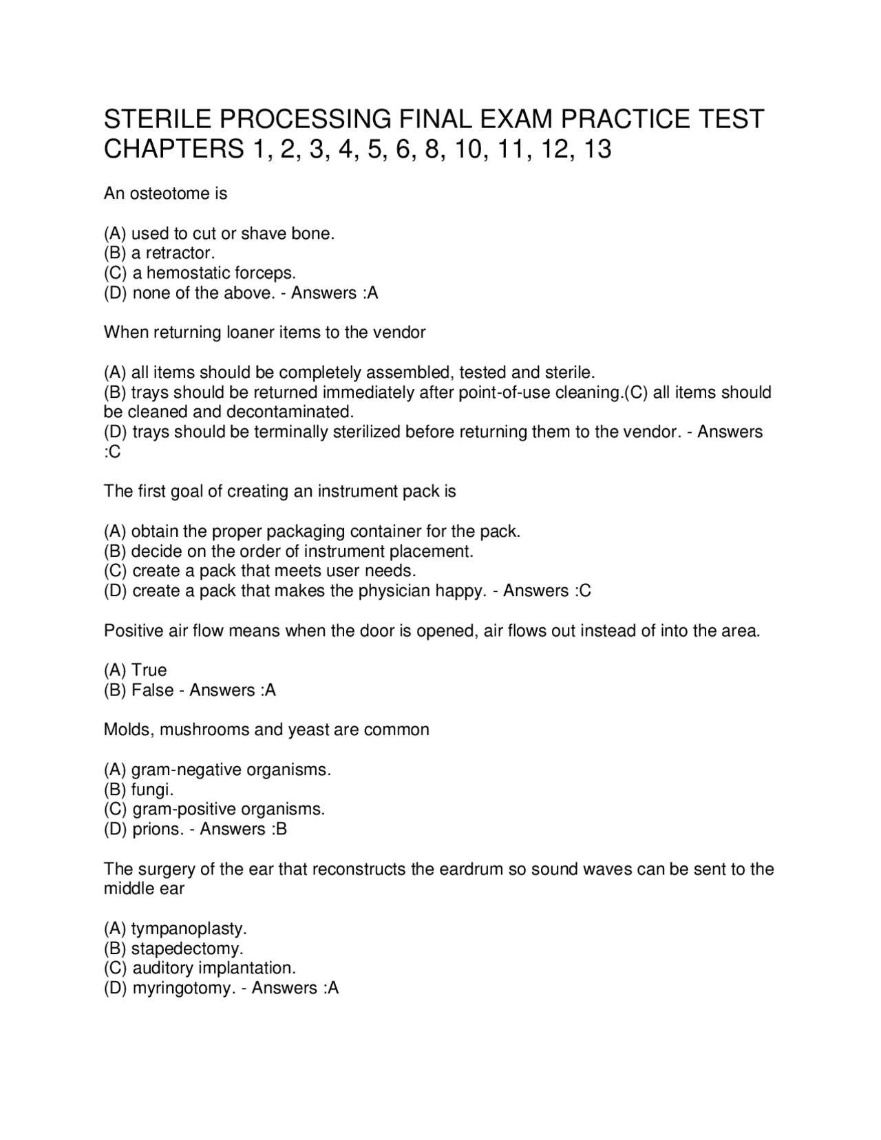 STERILE PROCESSING FINAL EXAM PRACTICE TEST CHAPTERS 1, 2, 3, 4, 5, 6 ...