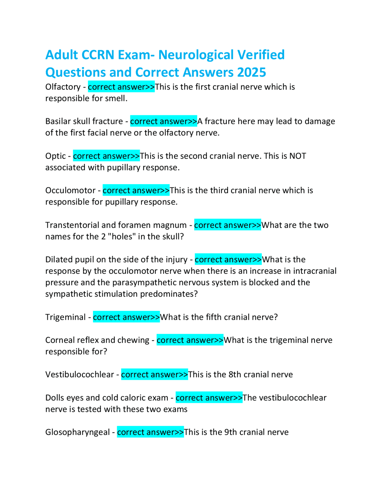 Adult CCRN Exam- Neurological Verified Questions and Correct Answers ...