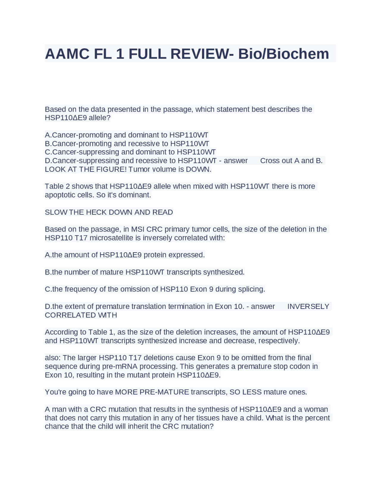 AAMC FL 1 FULL REVIEW- Bio,Biochem Questions and Answers | Exams ...