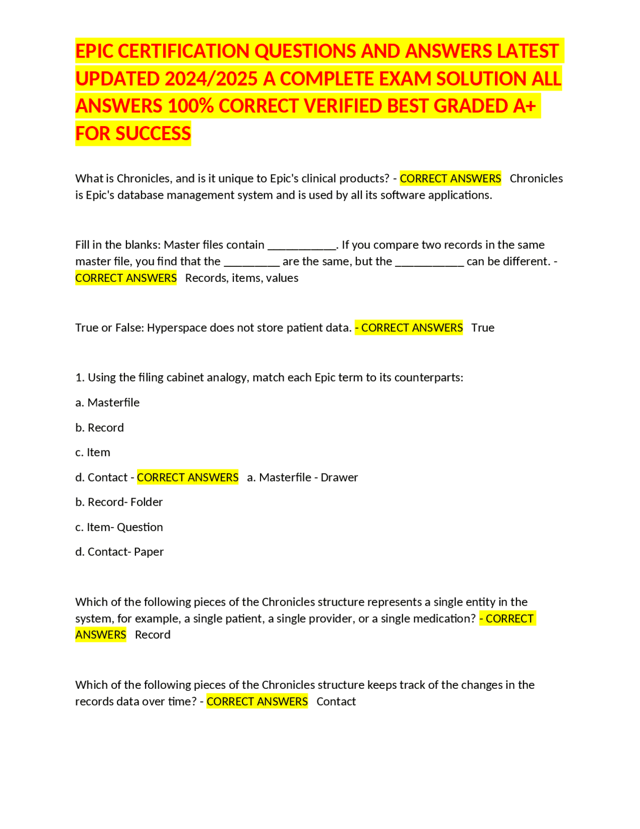 EPIC CERTIFICATION QUESTIONS AND ANSWERS LATEST UPDATED 2024/2025 A ...