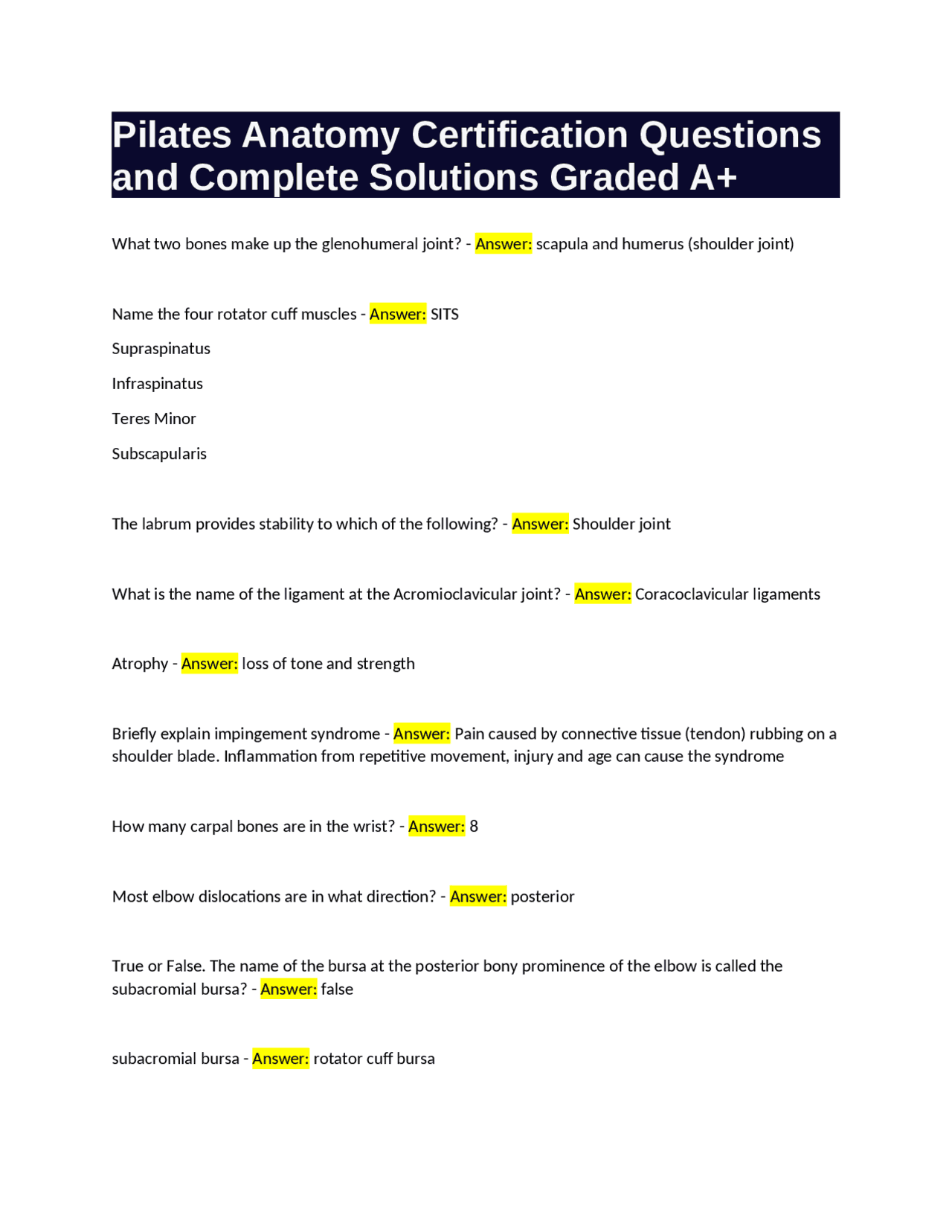 Pilates Anatomy Certification Questions and Complete Solutions Graded ...