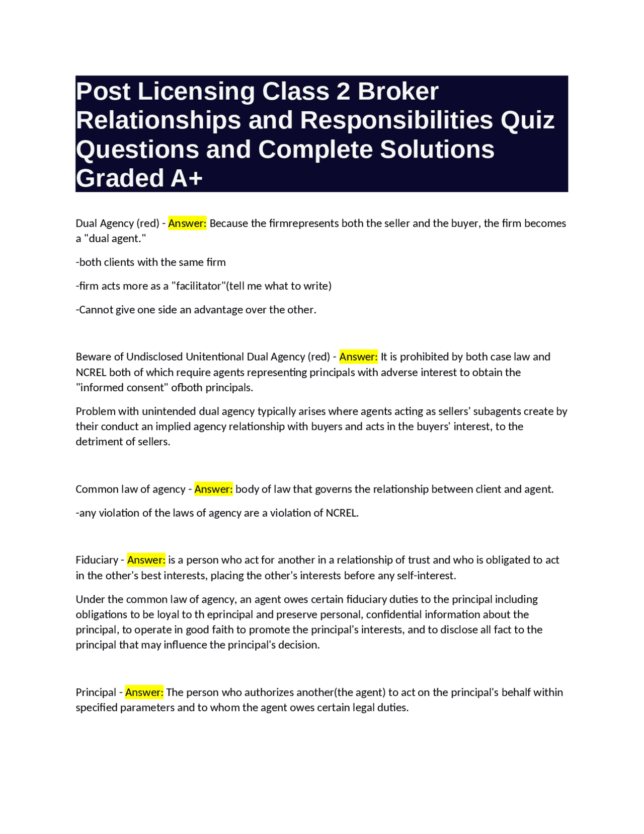 Post Licensing Class 2 Broker Relationships and Responsibilities Quiz ...