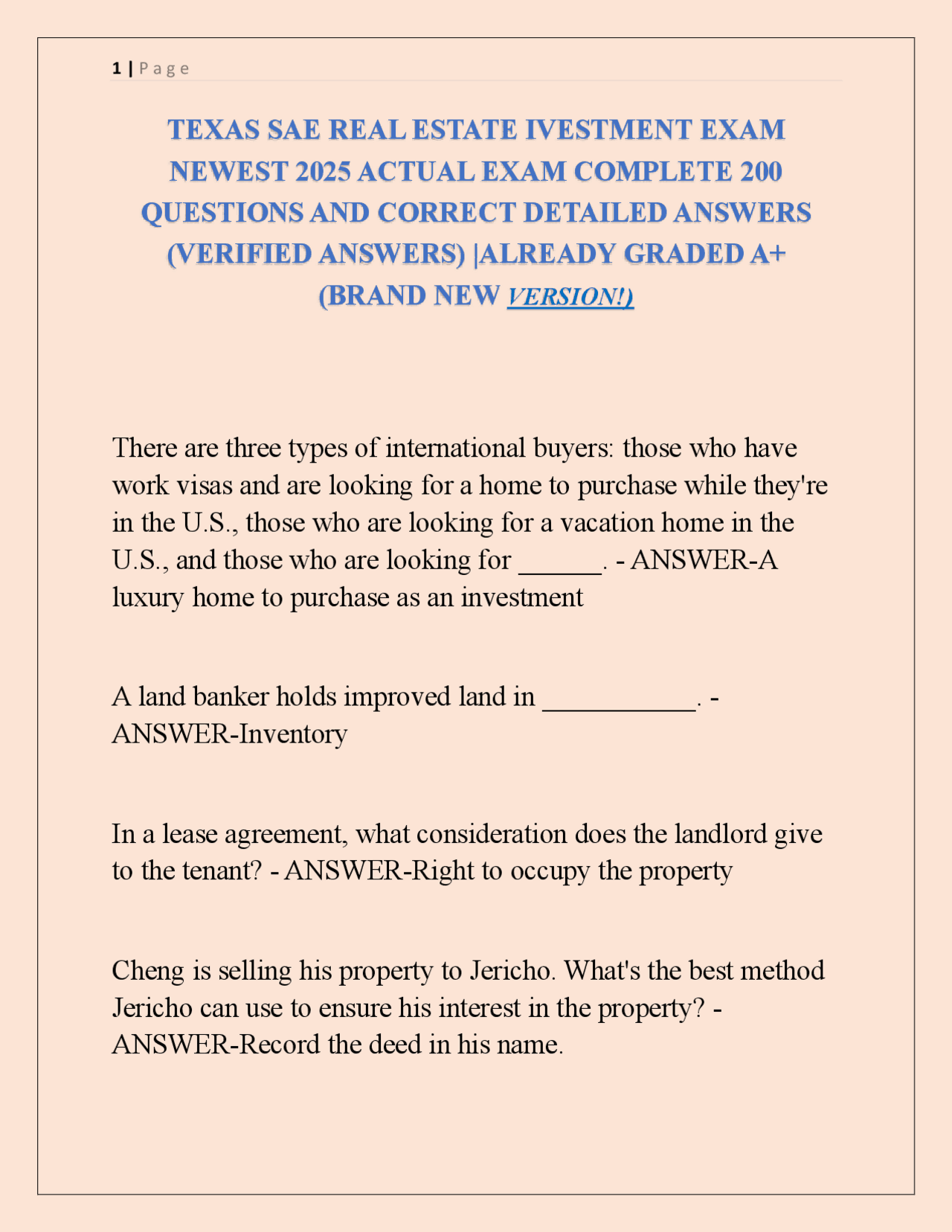 TEXAS SAE REAL ESTATE IVESTMENT EXAM NEWEST 2025 ACTUAL EXAM COMPLETE ...