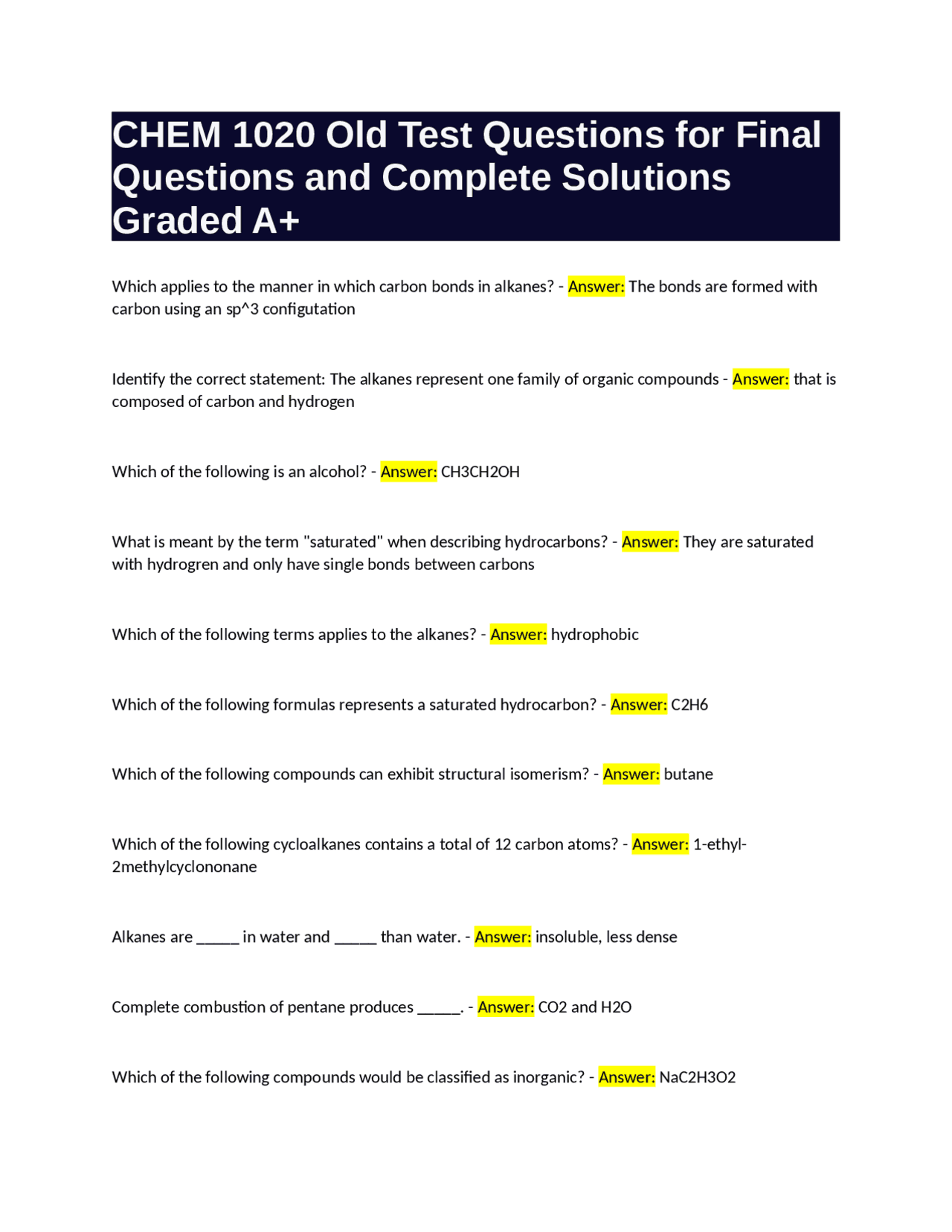 CHEM 1020 Old Test Questions for Final Questions and Complete Solutions ...