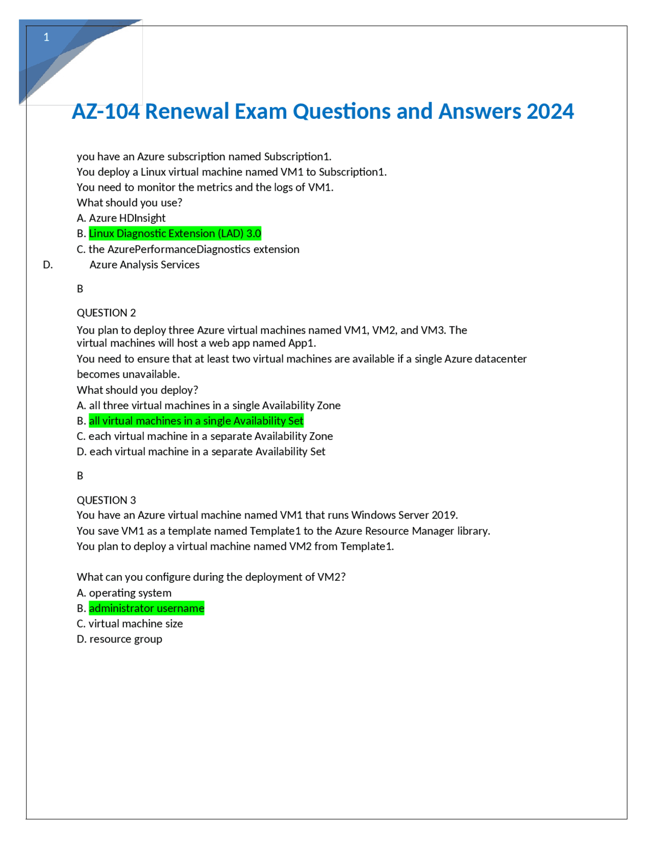 Az 104 Renewal Questions