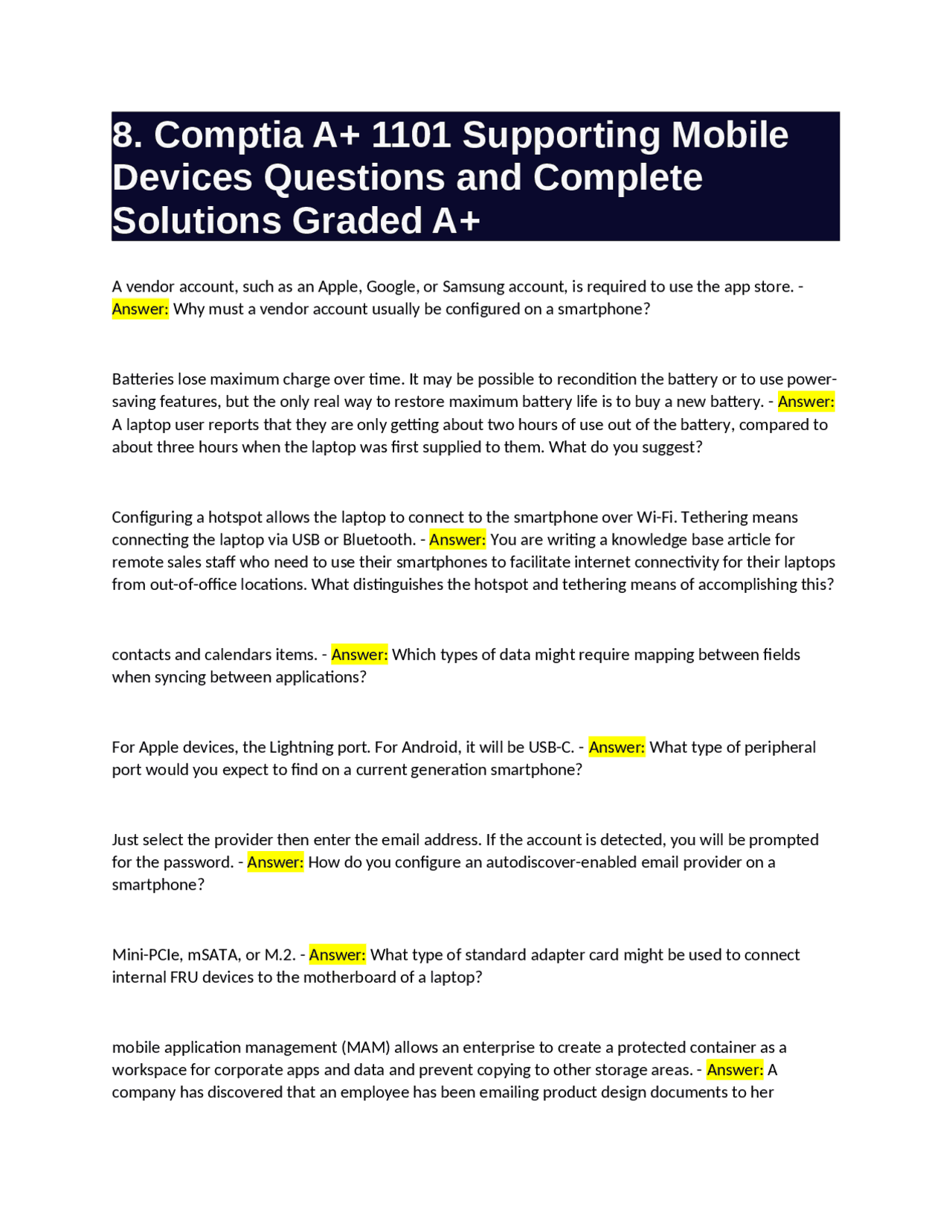 8. Comptia A+ 1101 Supporting Mobile Devices Questions and Complete ...