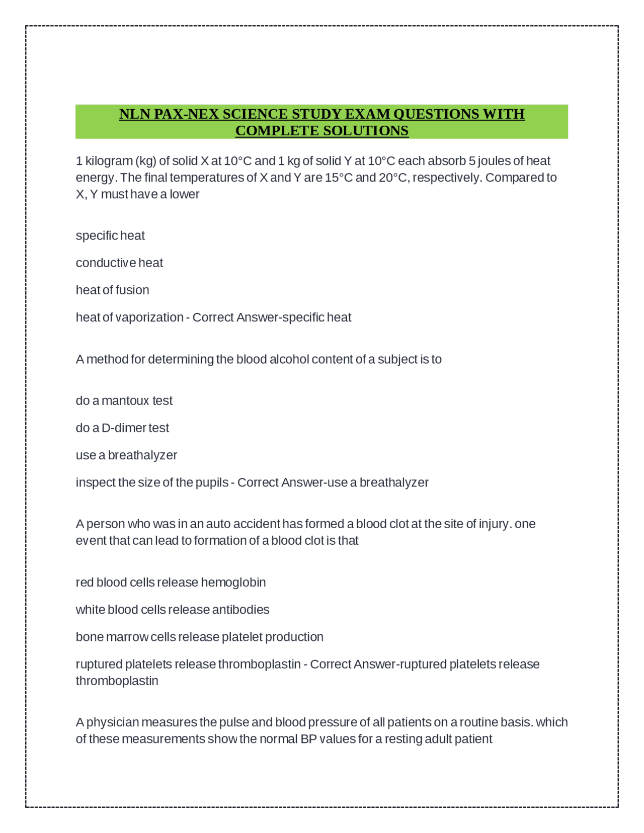 NLN PAX-NEX SCIENCE STUDY EXAM QUESTIONS WITH COMPLETE SOLUTIONS ...