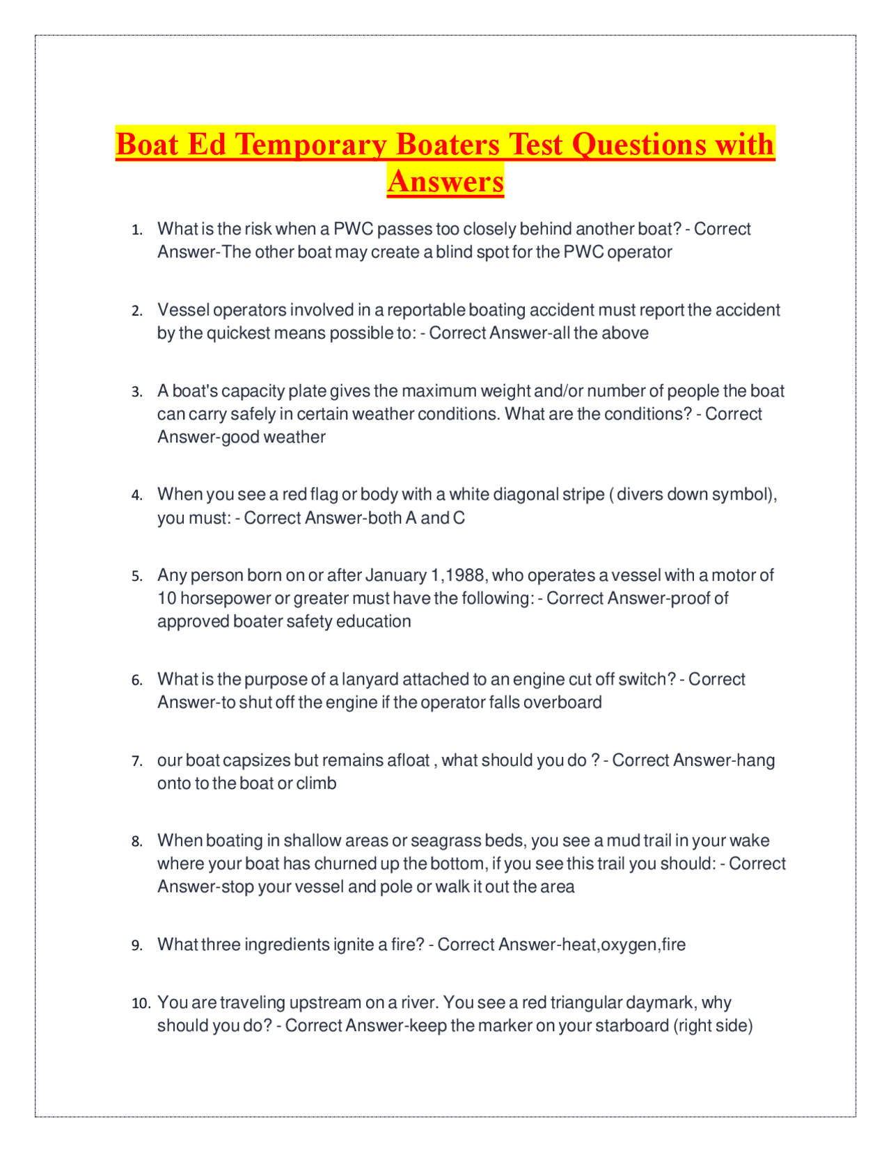 Boat Ed Temporary Boaters Test Questions with Answers | Exams Nursing ...