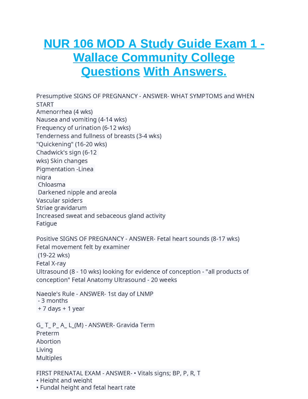 NUR 106 MOD A Study Guide Exam 1 - Wallace Community College Questions ...