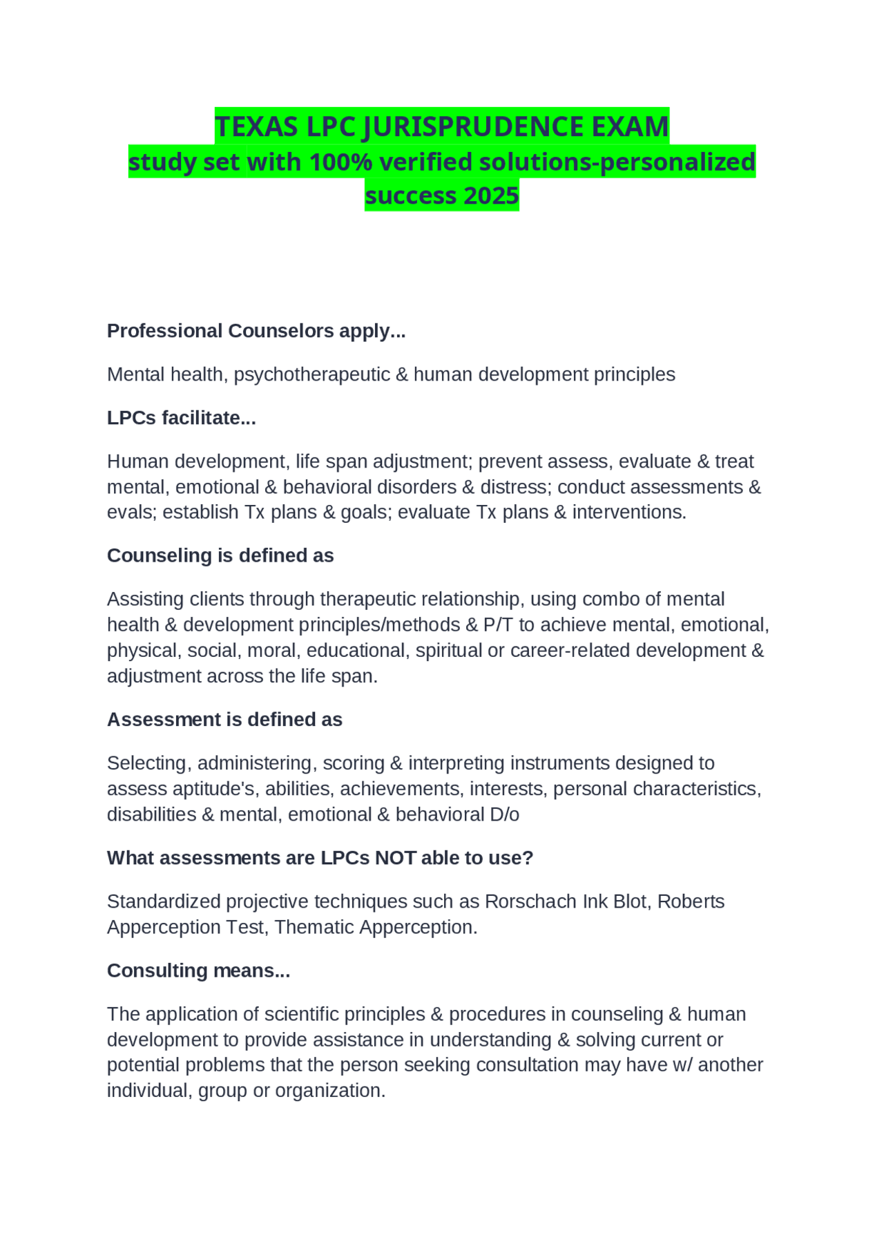 TEXAS LPC JURISPRUDENCE EXAM study set with 100% verified solutions-personalized success | Exams ...