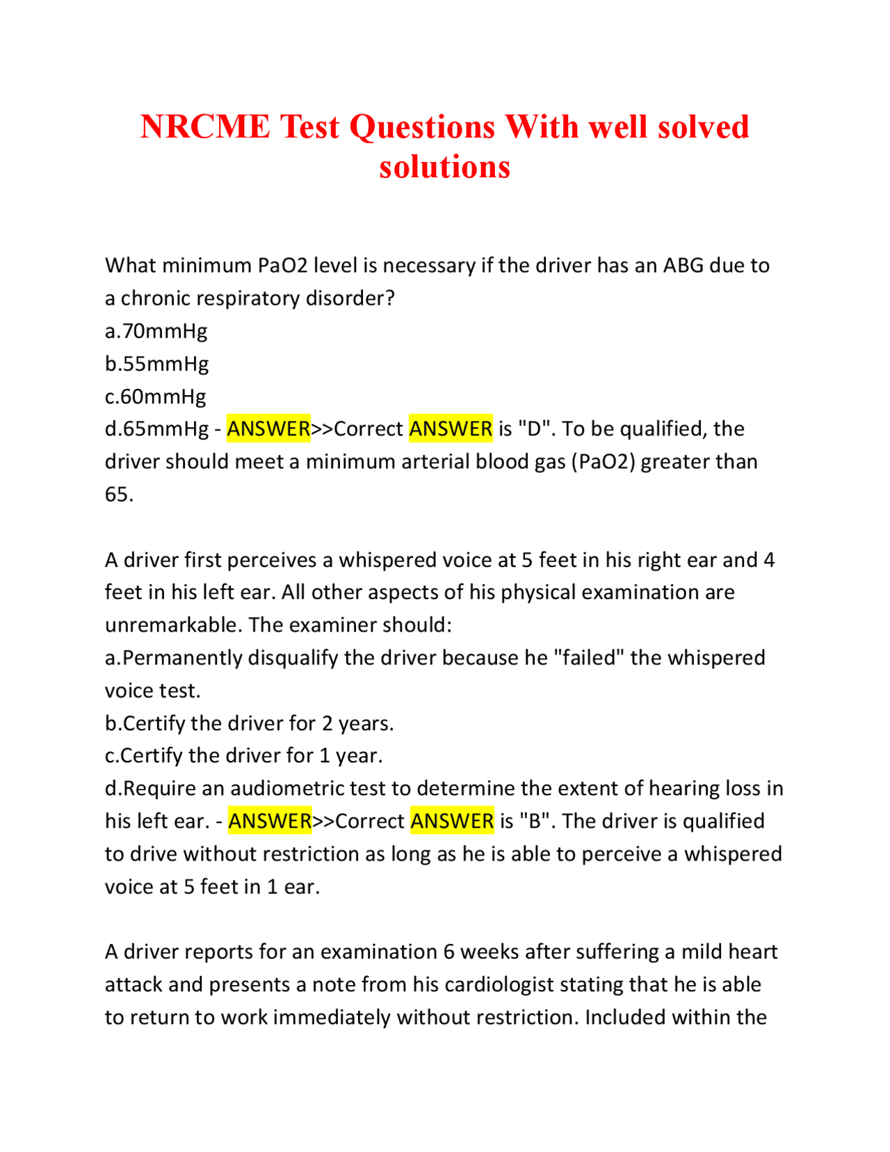 NRCME Test Questions With well solved solutions | Exams Nursing | Docsity