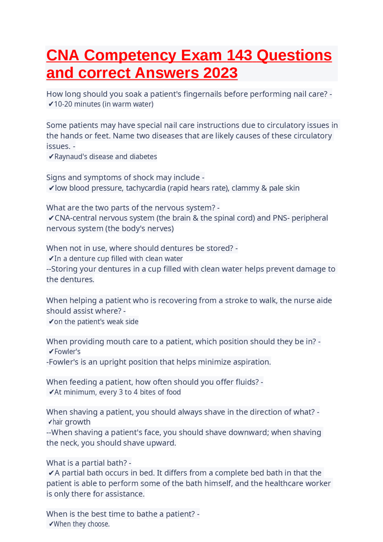 CNA Competency Exam 143 Questions and correct Answers 2023 (3).docx ...