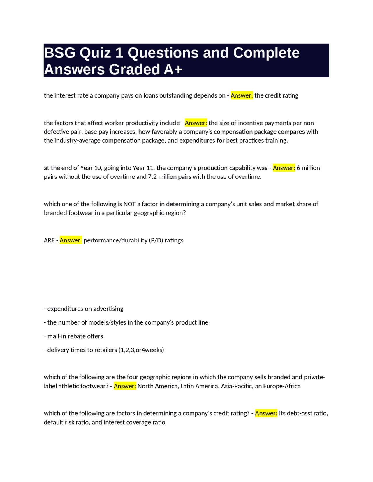 BSG Quiz 1 Questions and Complete Answers Graded A+ | Exams Business ...