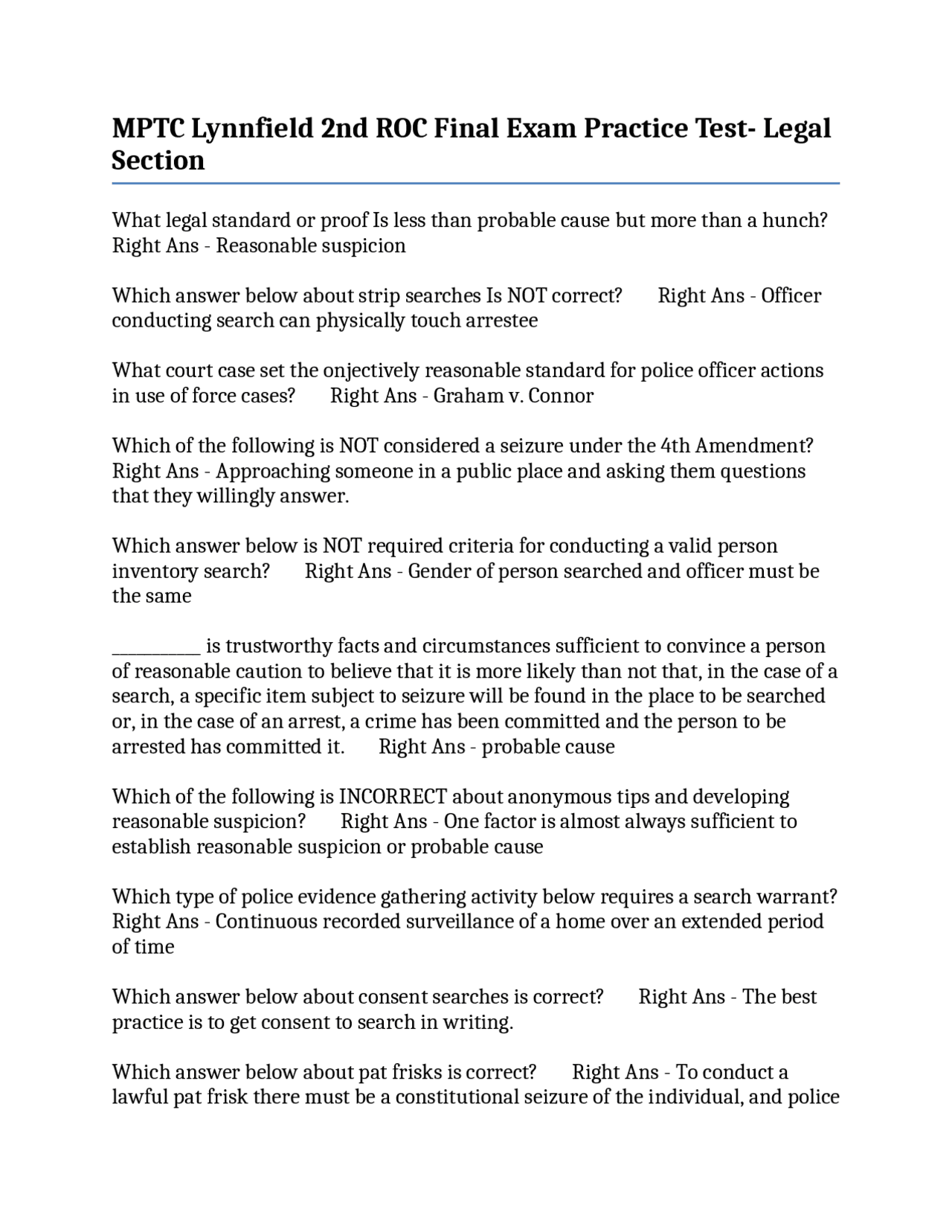 MPTC Lynnfield 2nd ROC Final Exam Practice Test- Legal Section | Exams ...