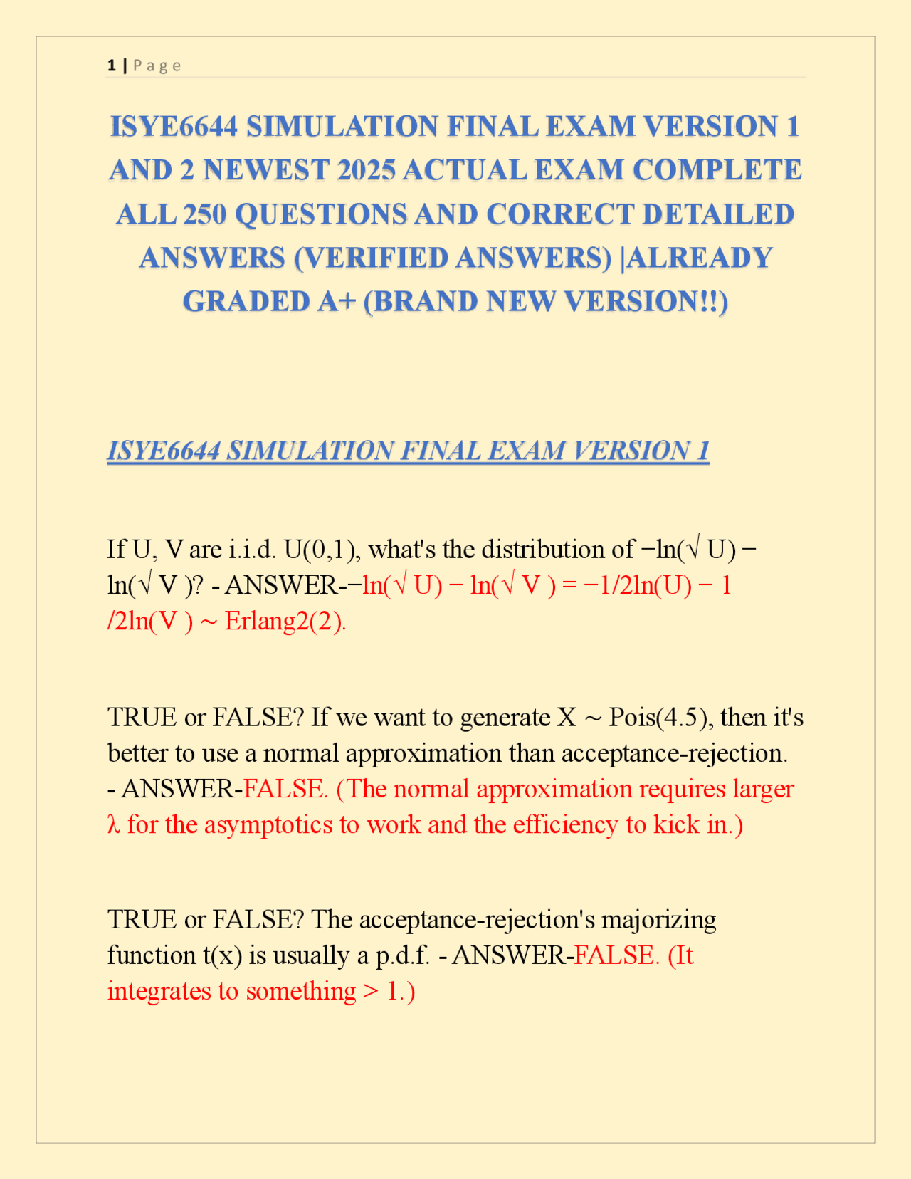 ISYE6644 SIMULATION FINAL EXAM VERSION 1 AND 2 NEWEST 2025 ACTUAL EXAM ...