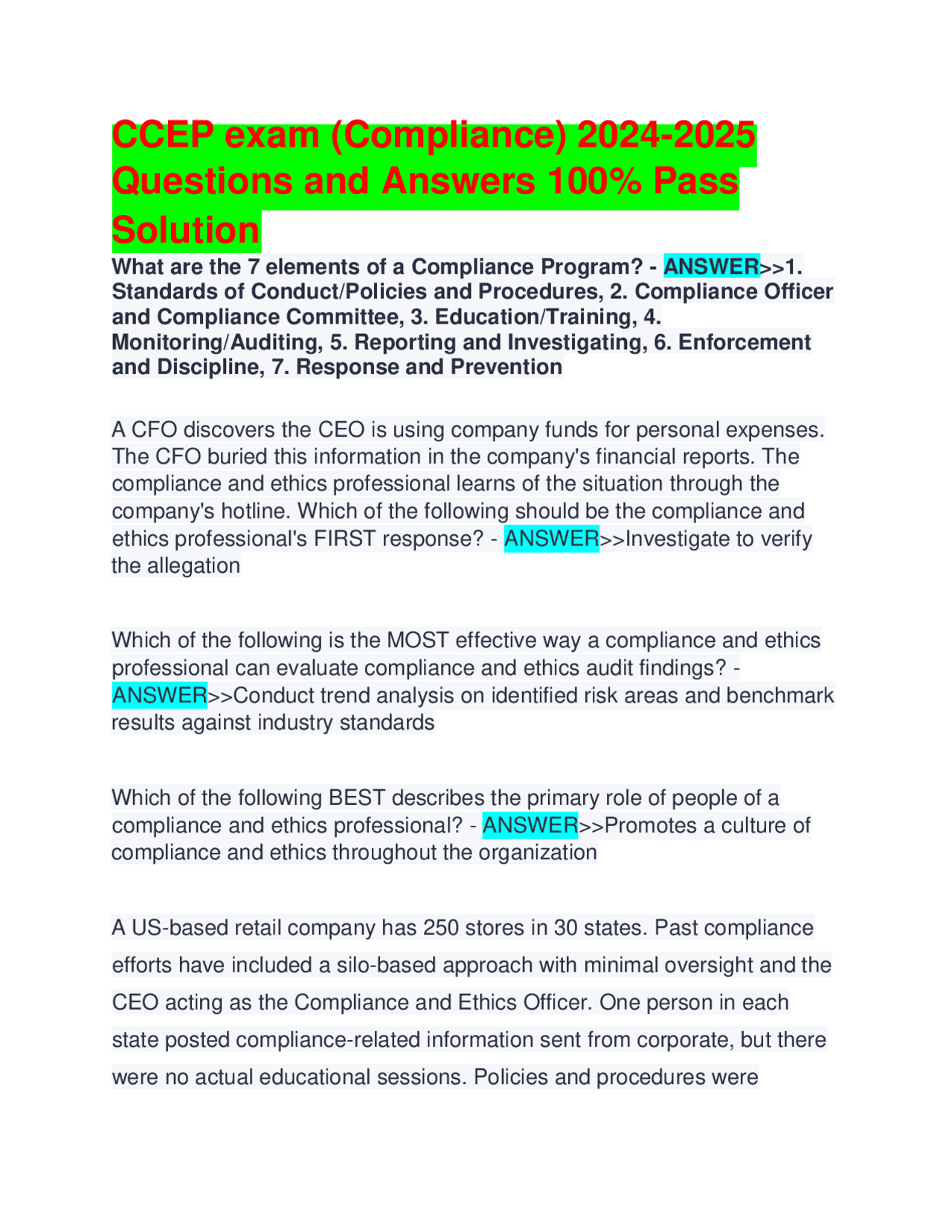 CCEP exam (Compliance) 2024-2025 Questions and Answers | Exams Nursing ...