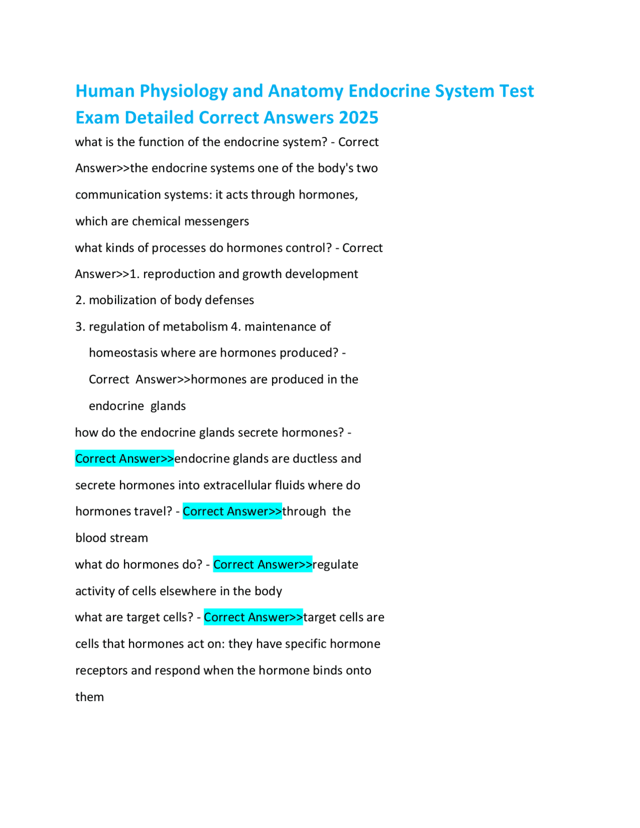 Human Physiology and Anatomy Endocrine System Test Exam Detailed ...