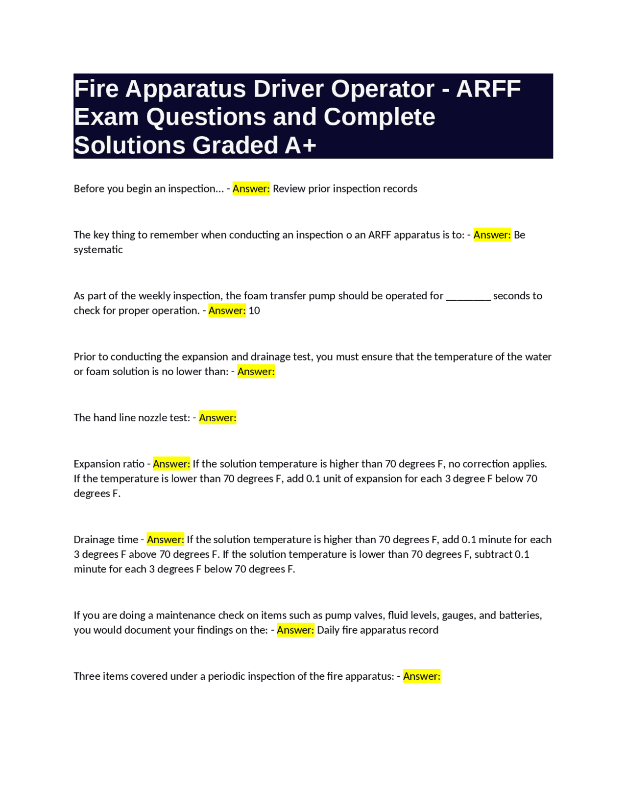 Fire Apparatus Driver Operator - ARFF Exam Questions and Complete ...