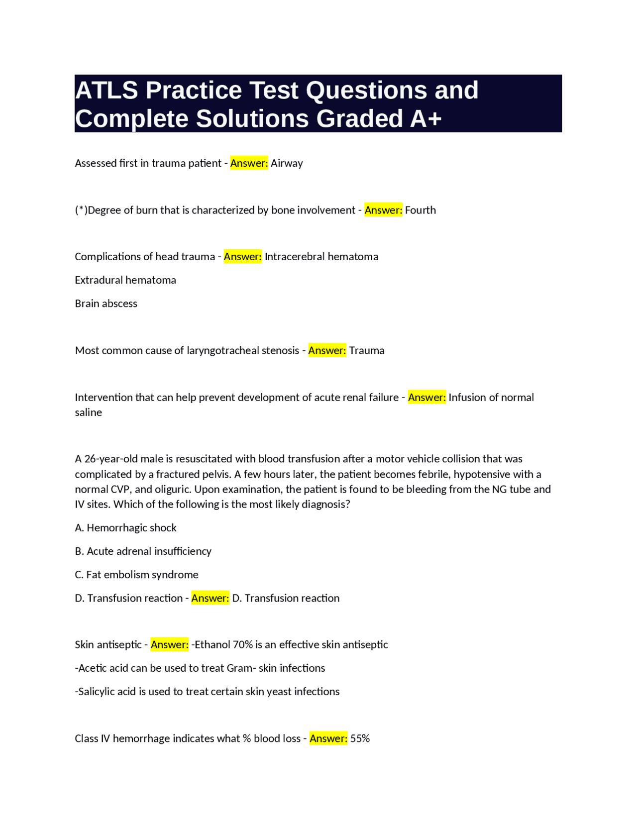 ATLS Practice Test Questions and Complete Solutions Graded A+ | Exams ...