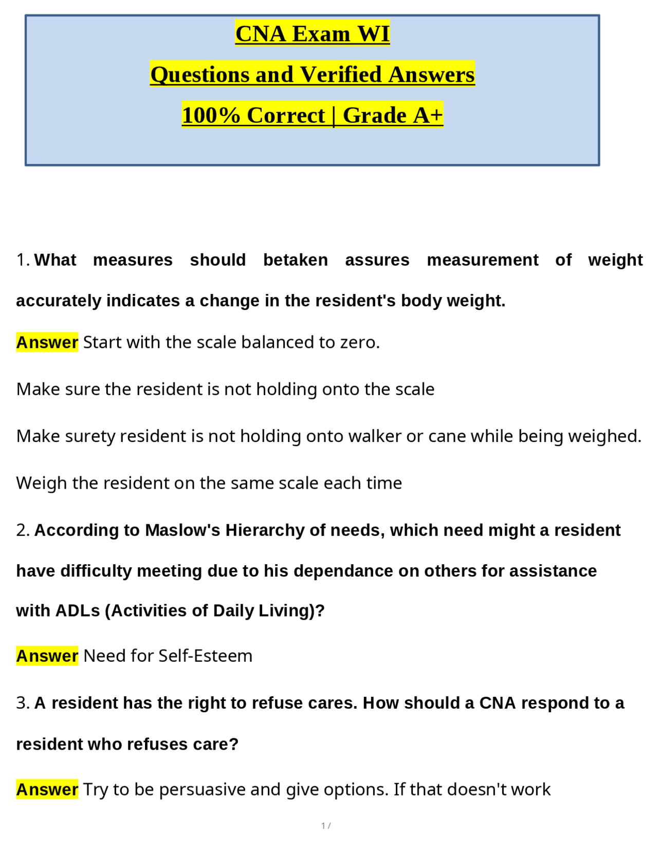 CNA Exam WI (Latest 2025 / 2026 Update) Questions and Verified Answers ...