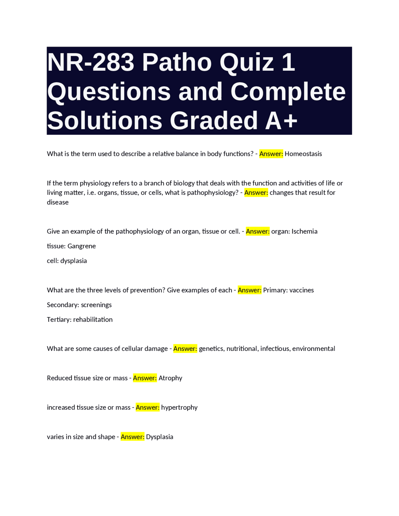 NR-283 Patho Quiz 1 Questions and Complete Solutions Graded A+ | Exams ...