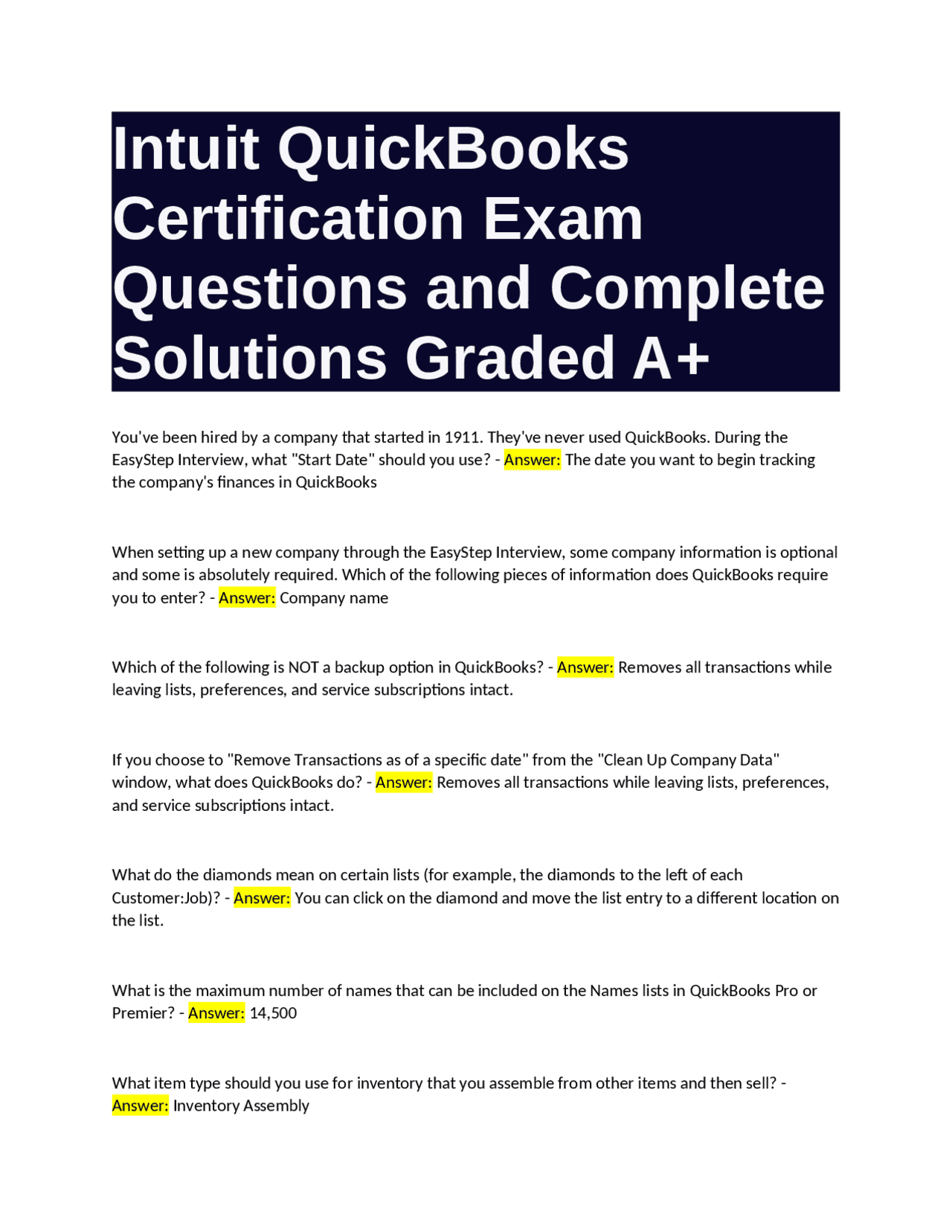 Intuit QuickBooks Certification Exam Questions and Complete Solutions ...