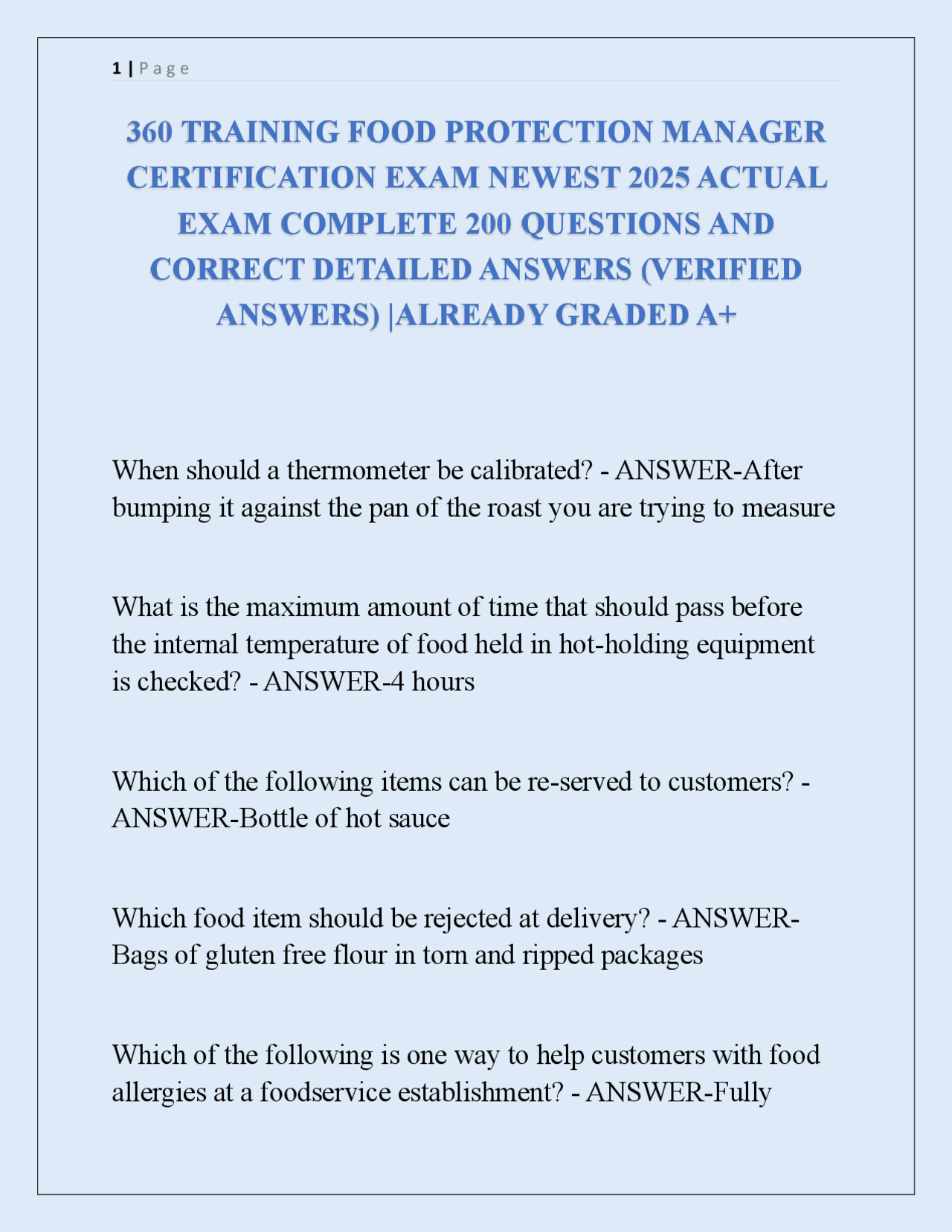 360 TRAINING FOOD PROTECTION MANAGER CERTIFICATION EXAM NEWEST 2025 ...