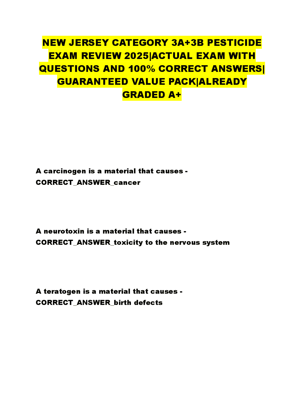 NEW JERSEY CATEGORY 3A+3B PESTICIDE EXAM REVIEW 2025|ACTUAL EXAM WITH ...