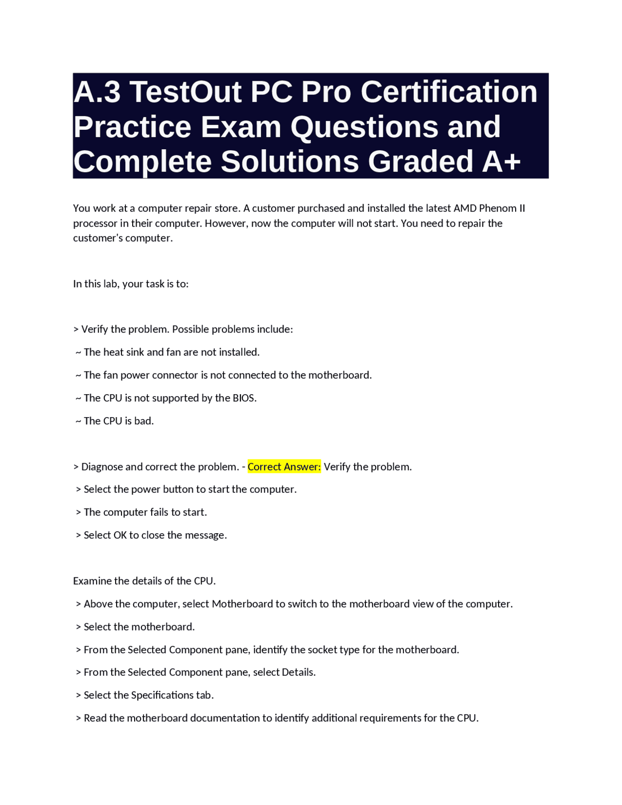 A.3 TestOut PC Pro Certification Practice Exam Questions with Complete ...
