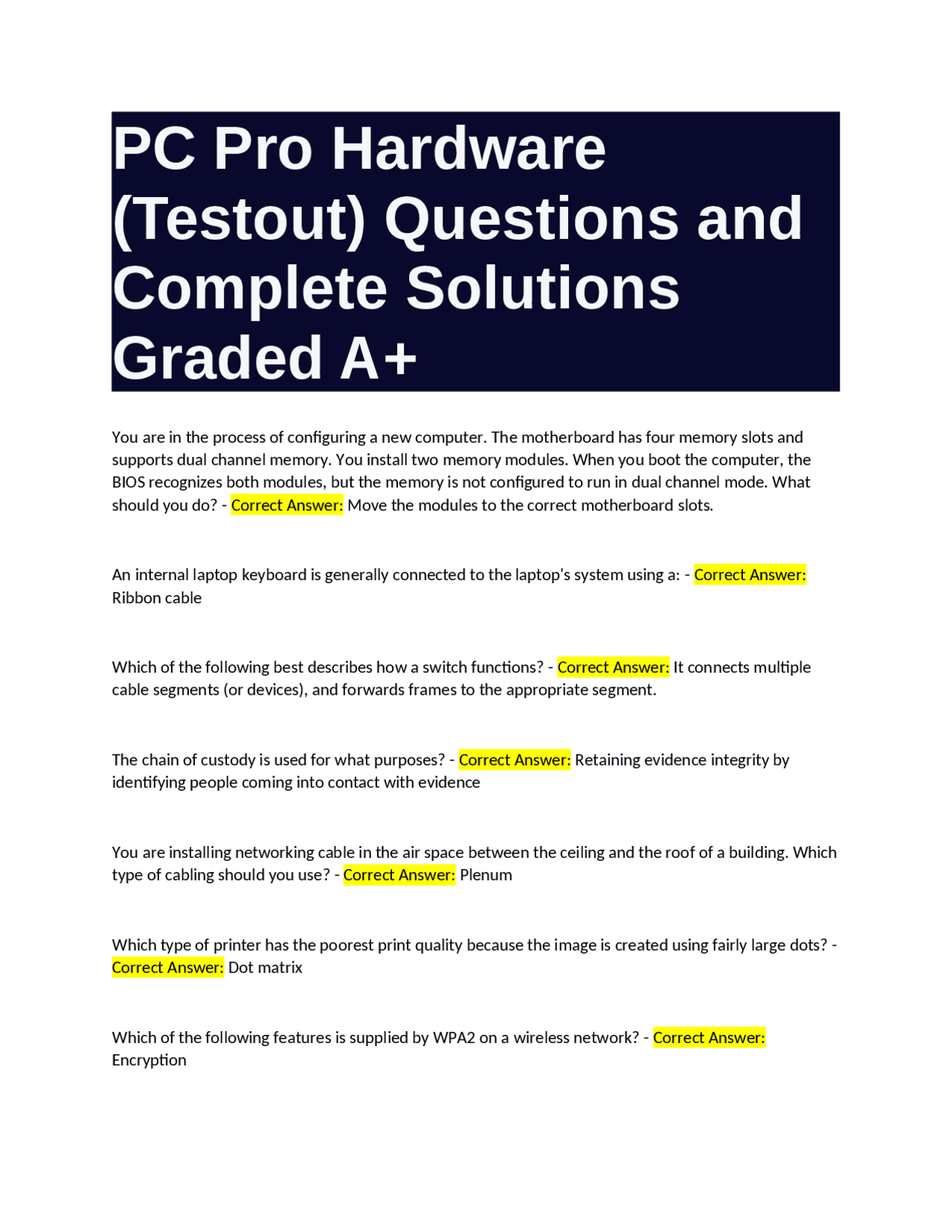 PC Pro Hardware (Testout) Questions and Complete Solutions Graded A+ ...