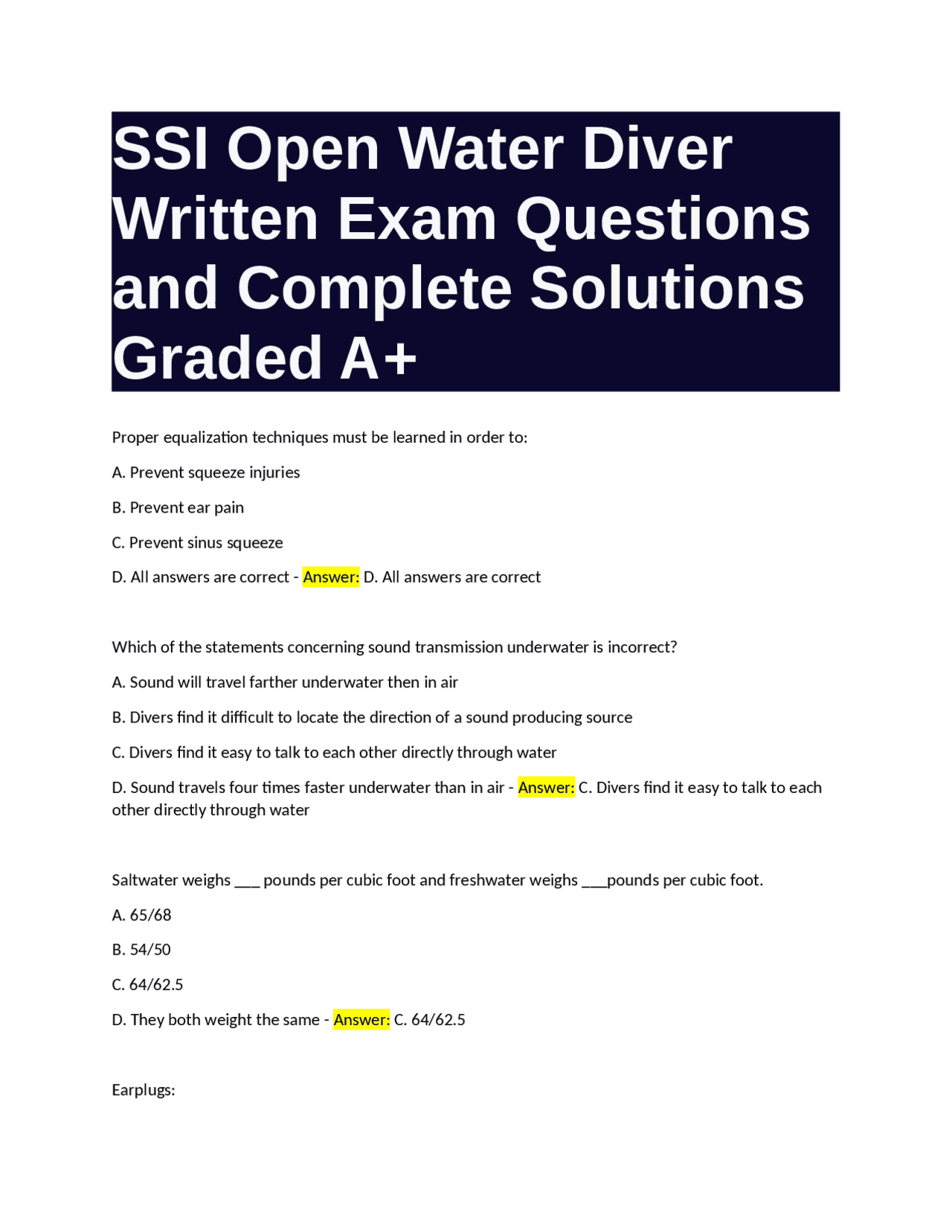 SSI Open Water Diver Written Exam Questions and Complete Solutions ...